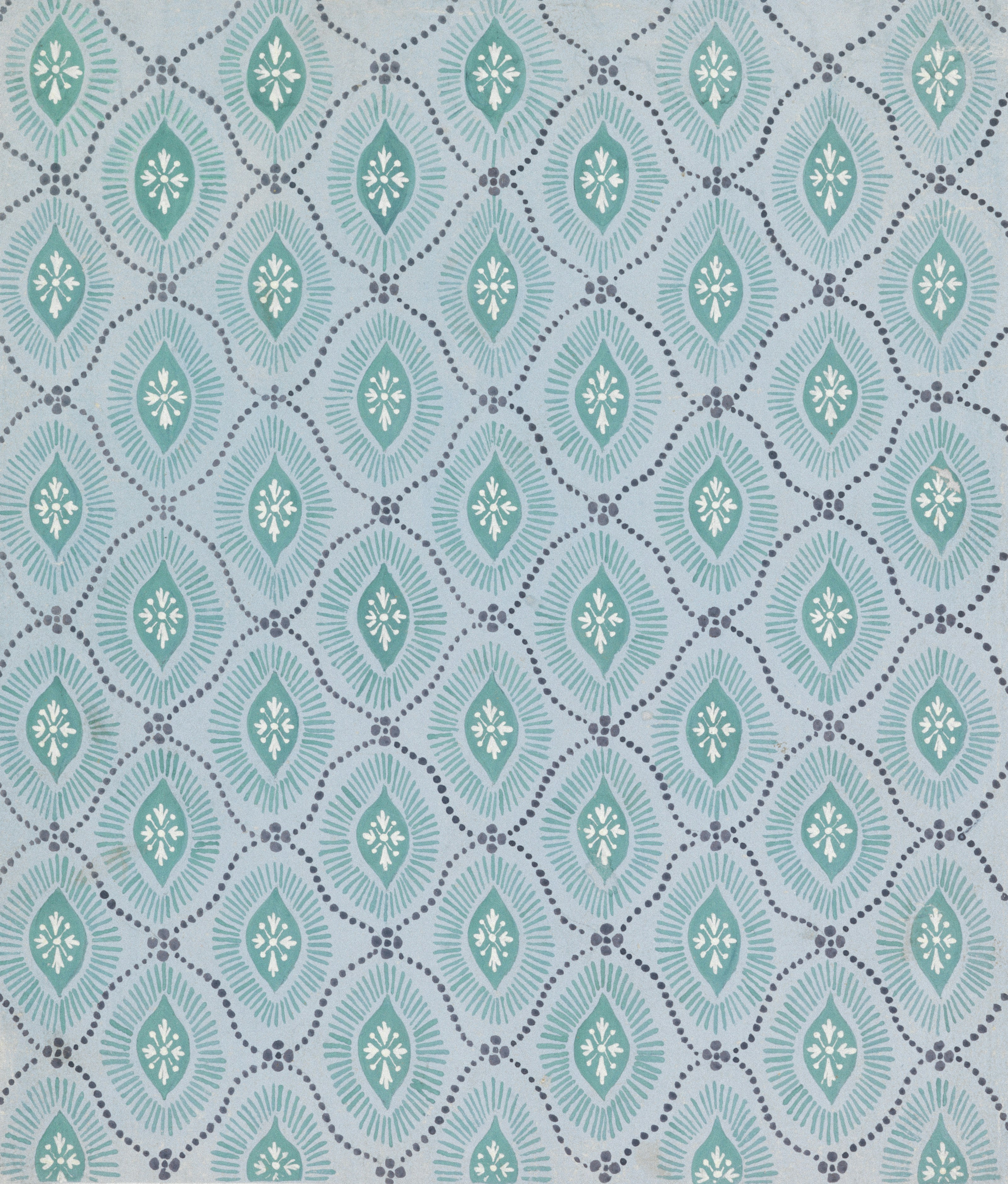 Wallpaper Design. Description A dado is shown at the bottom. On top are a purple stripe, an entablature, a brown and a dark gray stripe. The dove gray panel is decorated with a net and stylized and elongated blossoms. Record ID chndm_1940-120-31