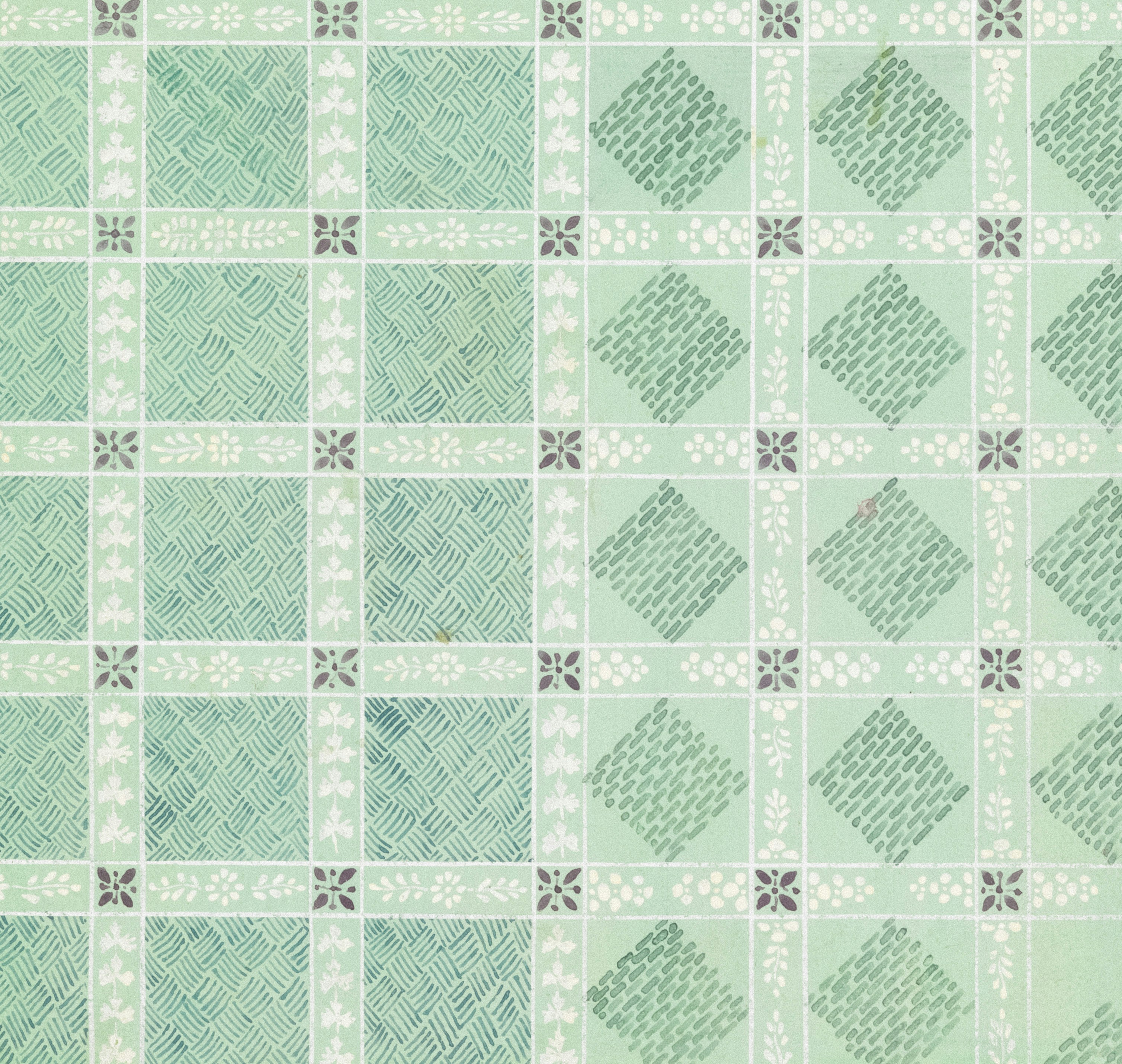 Wallpaper Design. Description A dado is shown at the bottom, an entablature on top. The panel shows on top a rinceau. It is checkered. For the squares are suggested alternative decorations: obliquely dispersed straw-plotting, at left: a seemingly woven lozenge, at right. Alternative suggestions were also made for the floral decorations of the vertical and horizontal bands framing the squares. Rosettes are in the squares at the crossings of the bands. Record ID chndm_1940-120-70
