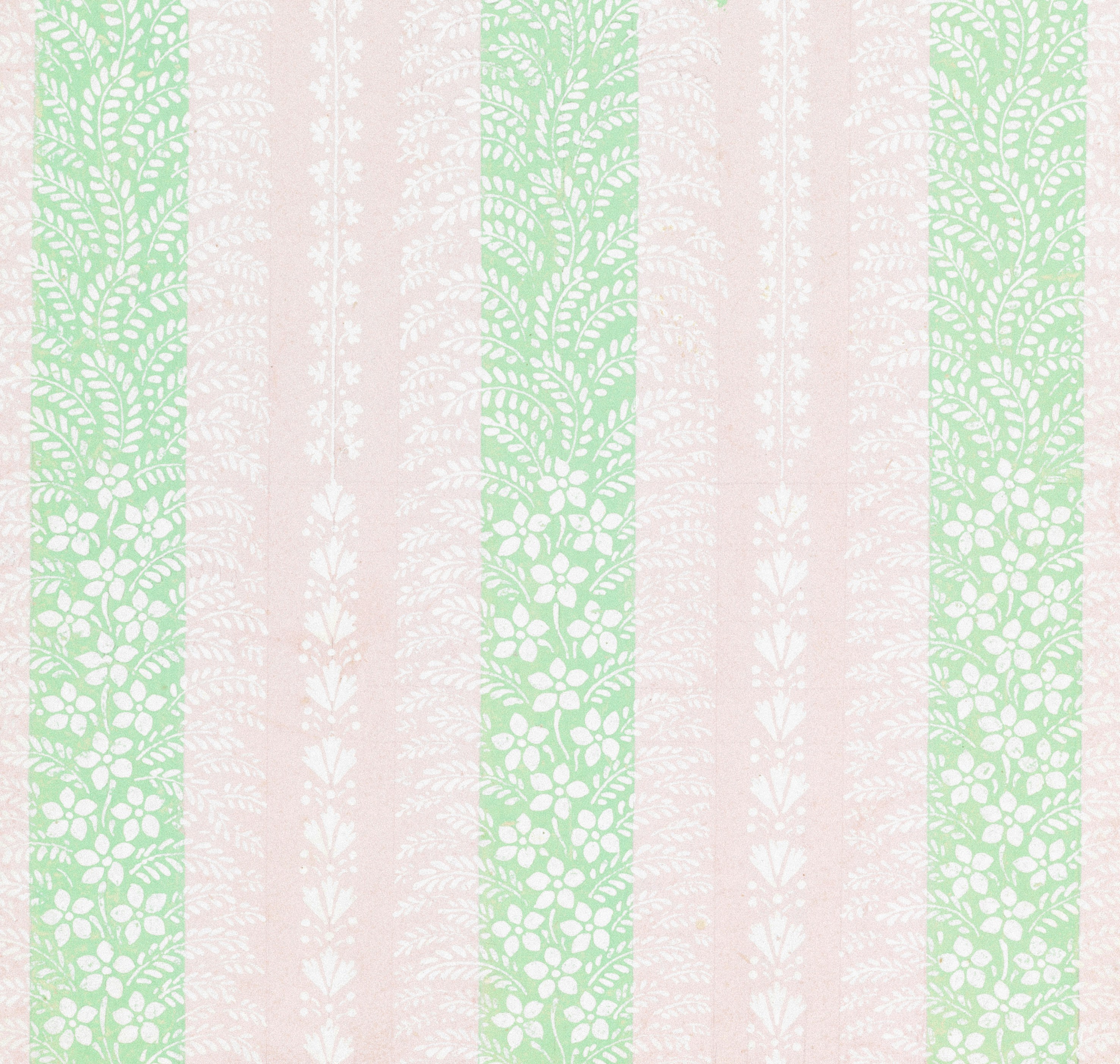 Wallpaper Design. Description A dado is shown at the bottom, an entablature, the bottom molding of which colored green, is on the top. The decoration consists of broad plant motifs alternating with narrow floral stripes. Record ID chndm_1940-120-41