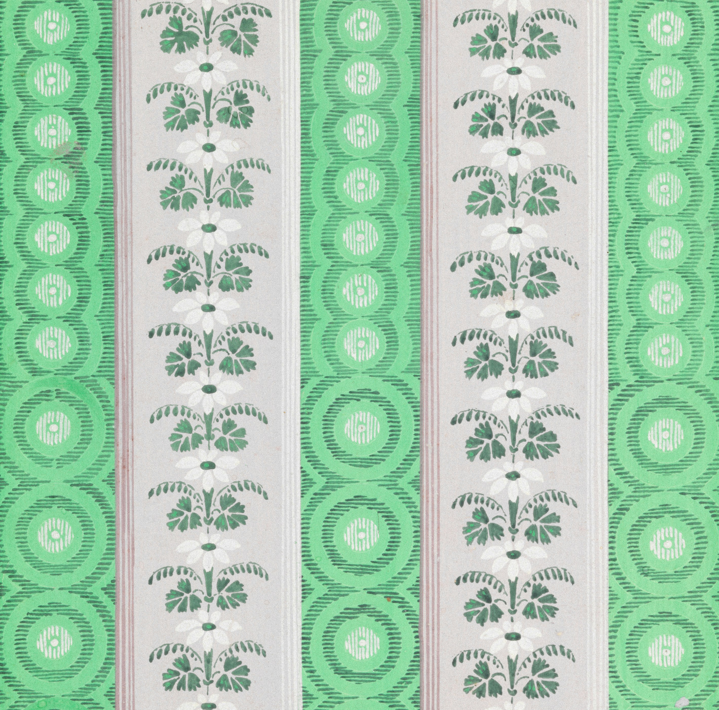 Close-up of vertical green and gray ornamental wallpaper stripes with circular and floral motifs in a repeating pattern. This is a textile/wallcovering design.