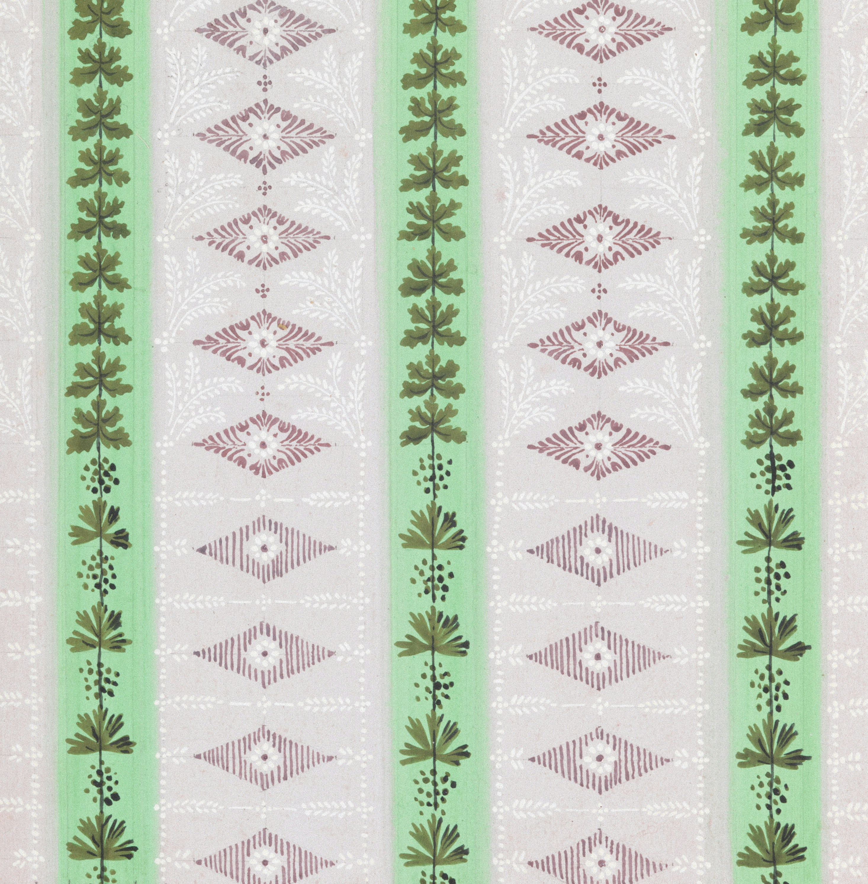 Wallpaper Design. Description A dado is shown at the bottom, and a high entablature on top. The panel is divided into narrow green and wide lilac vertical stripes. Alternative suggestions are made for their decorations in the lower and in the upper part of the design; rows of alternate leaves and bunches of grapes, and row of leaves, respectively, for the narrow stripes; lozenges of a richer design between bunches of boughs, respectively, for the broad stripes. A leaf garland, the upper part of which has a black background, is show on top. Record ID chndm_1940-120-47