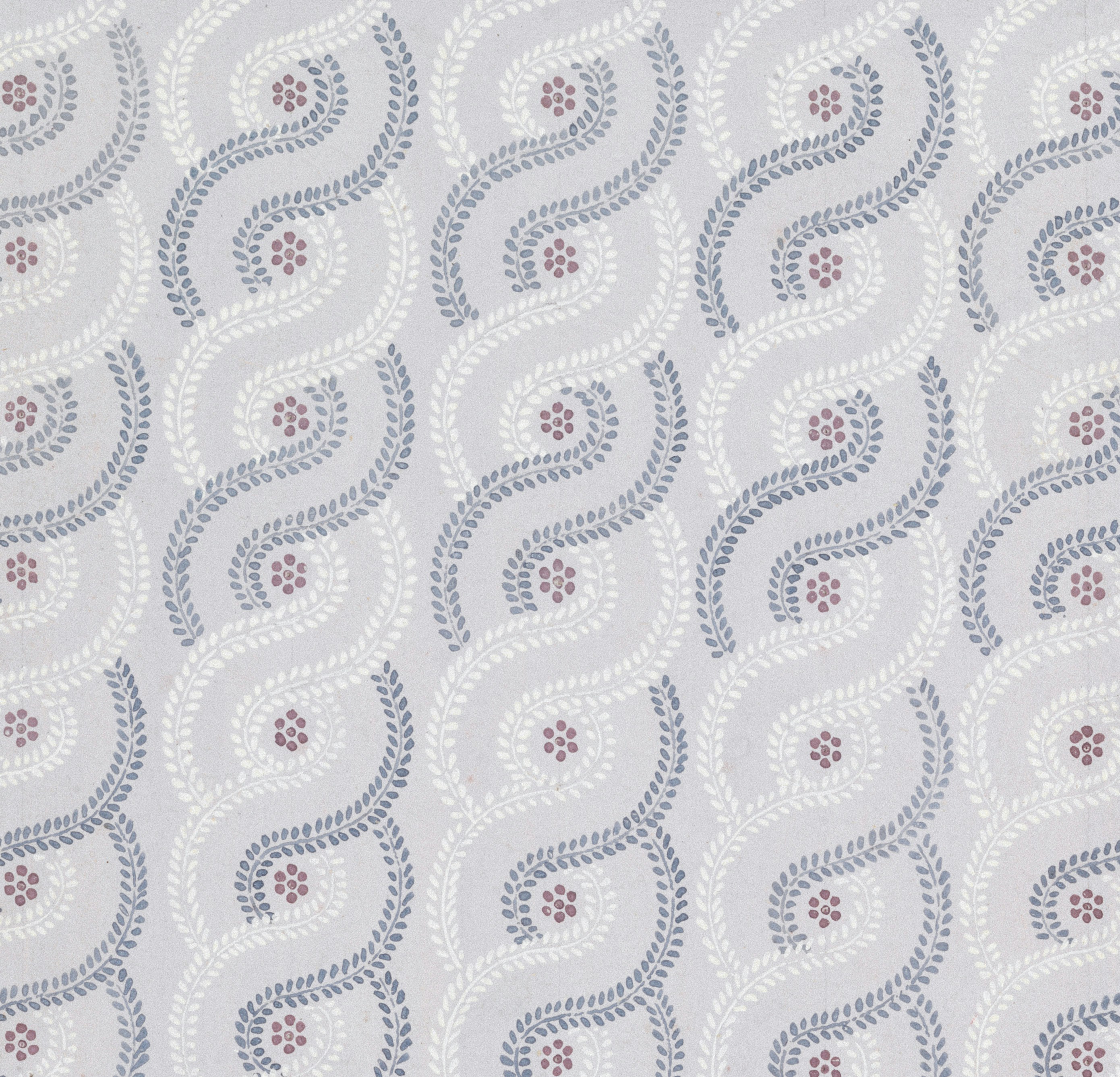 Wallpaper Design. Description A dado is shown at the bottom, an entablature on top. The panel shows vertical rows of two intertwined waved bands which are formed by boughs with leaves. For these is alternatively suggested to color those at left of the bands white and those at right dark, or to color those of one band white and those of the other dark. Purple stripes are beneath the entablature. Record ID chndm_1940-120-36