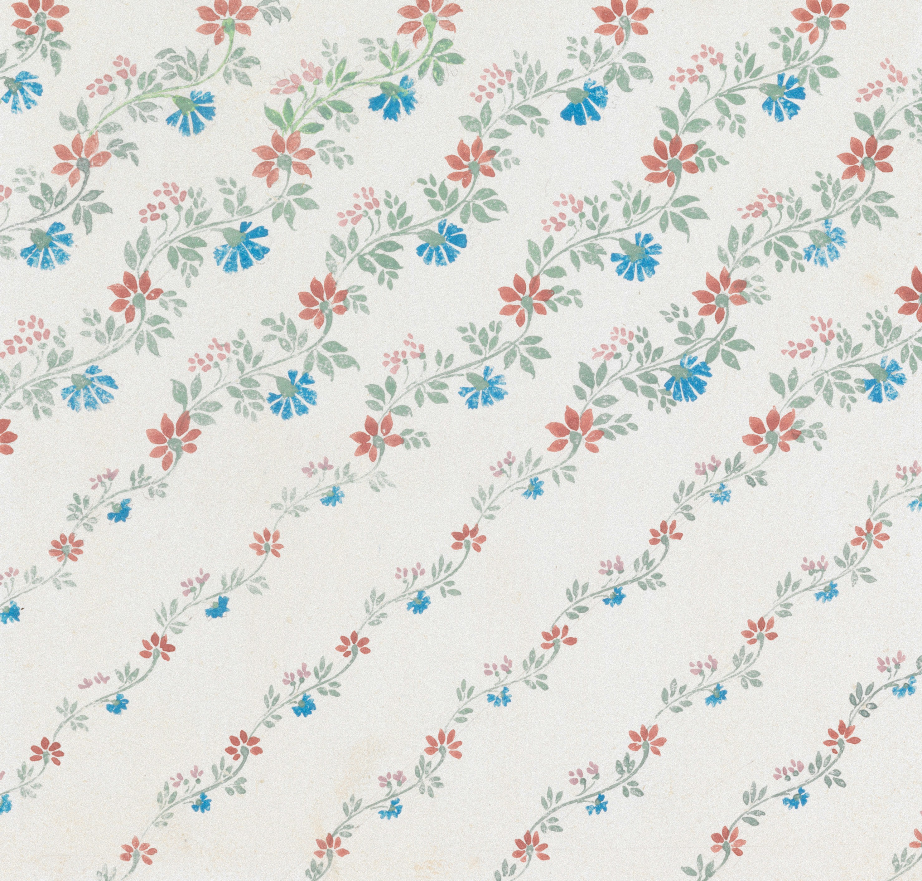 Wallpaper Design. Description A dado is shown at the bottom. On top are a frieze with a leaf garland and a high entablature. Obliquely dispersed waved stems with leaves and petals decorate the panels. A smaller and bigger scale of the details are alternatively suggested. Record ID chndm_1940-120-34