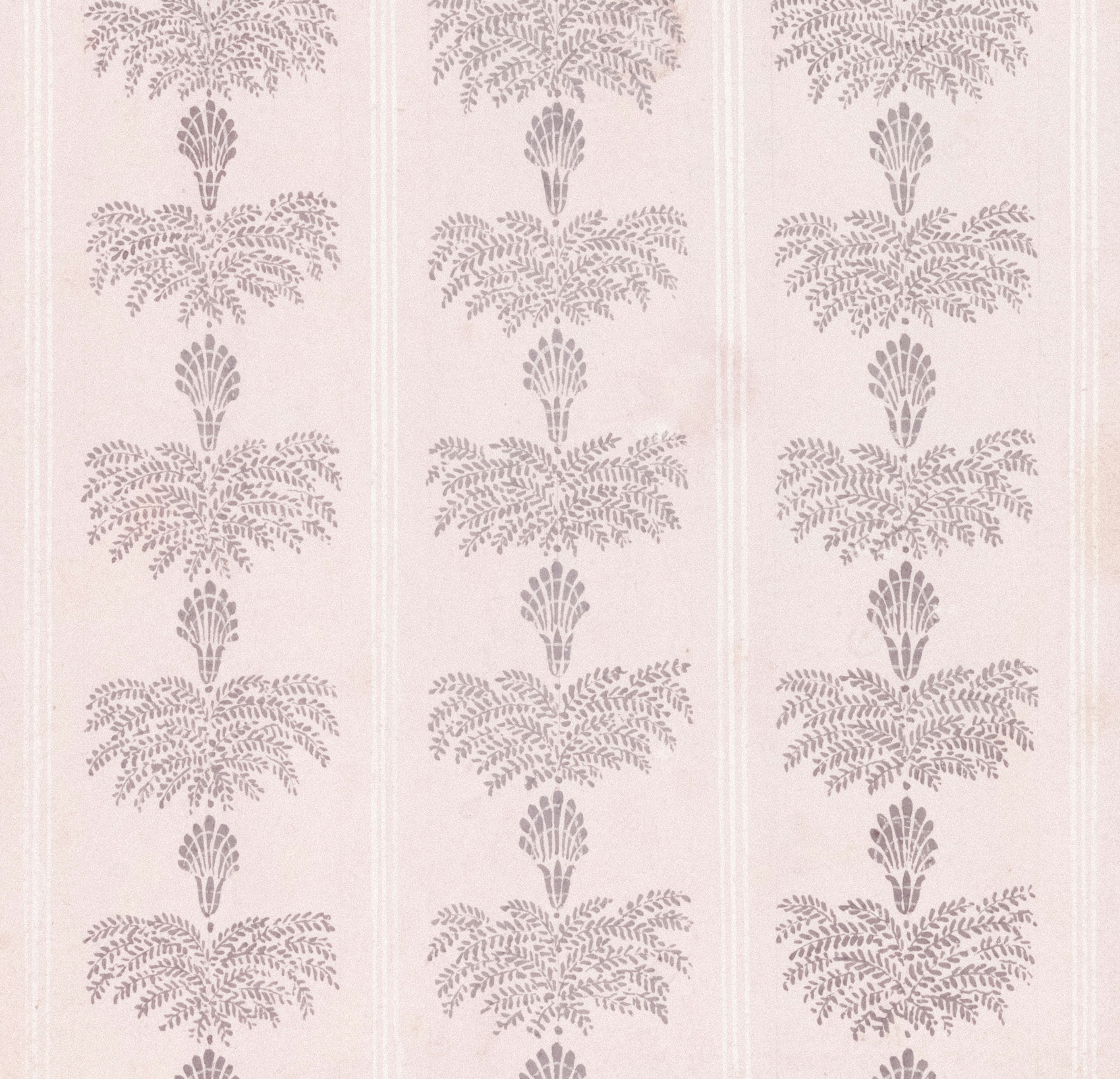 Wallpaper Design. Description A dado is shown at the bottom, a frieze with laurel leaves and seeds and an entablature are on top. The panel shows three stripes with bunches of leaves beneath calyxes with palmettes. Record ID chndm_1940-120-15