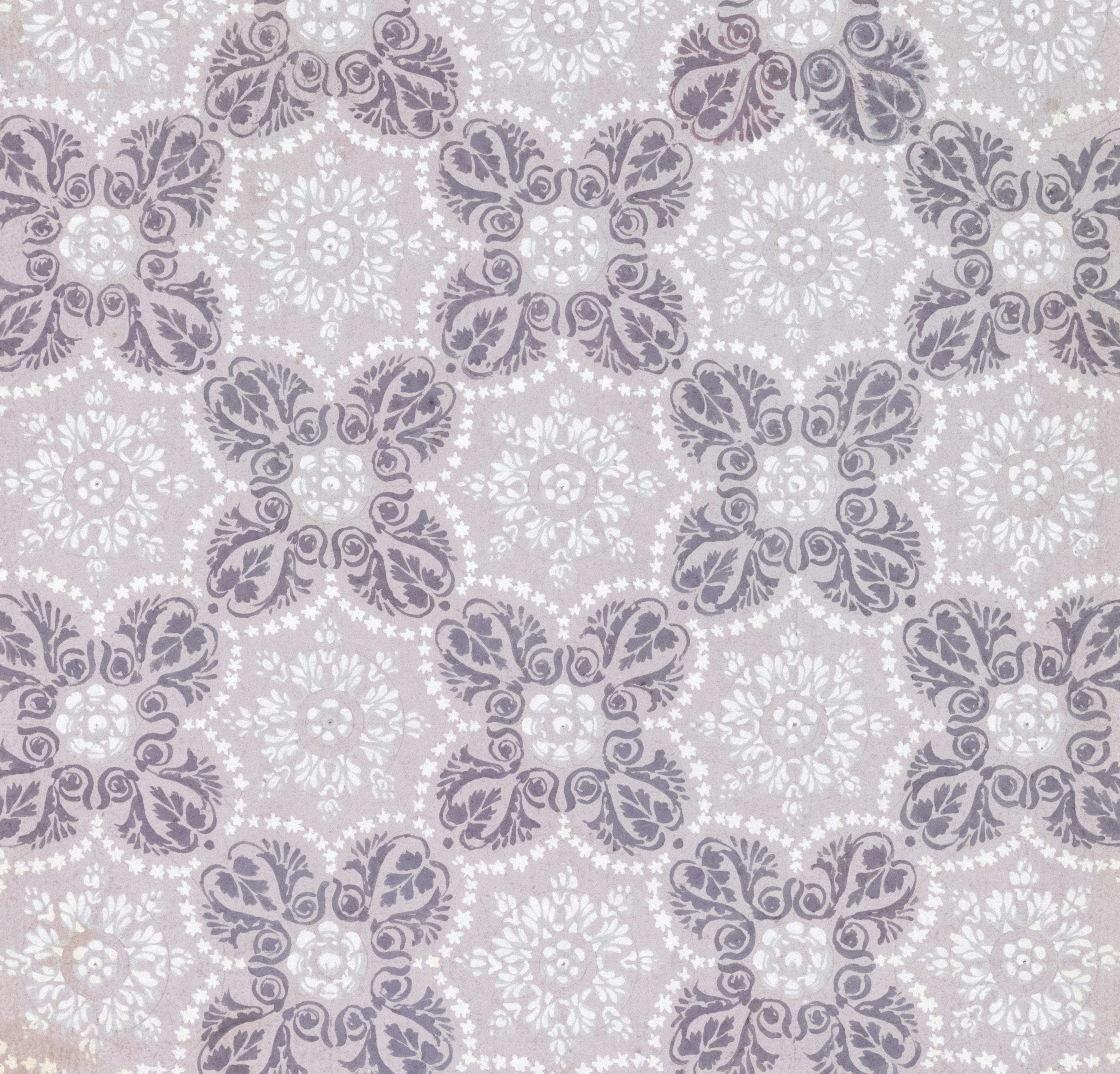 Wallpaper Design. Description A dado is shown at the bottom, an entablature on top. Panel has a lilac ground, decorated with rows of spherical octagons with plant motifs in the scheme of steering wheels, alternating with motifs in the scheme of crosses of St. Andrew, composed of four palmettes around a central petal. A garland is on top, with its upper part upon a dark background. Record ID chndm_1940-120-2