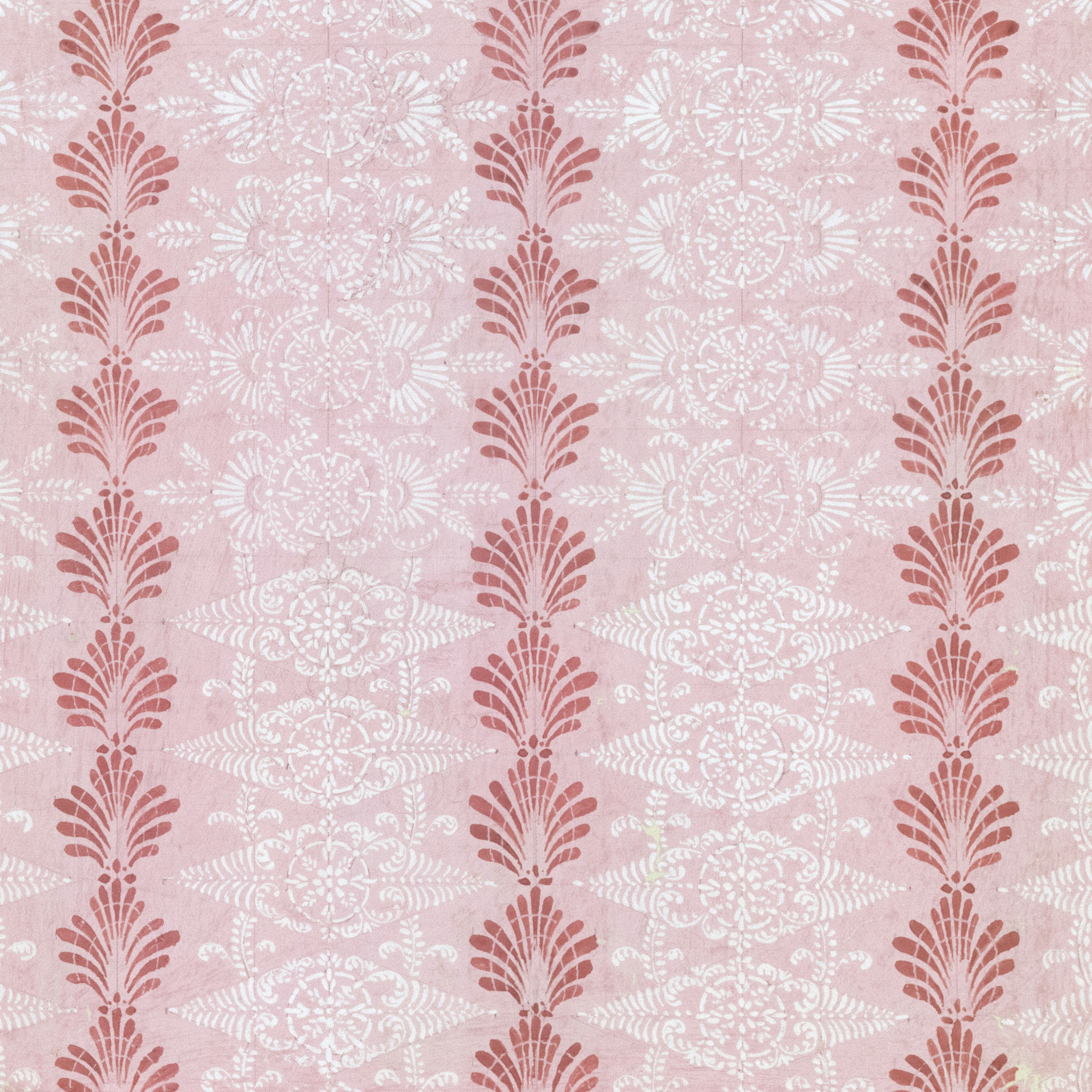 Wallpaper Design. Description A dado is shown at the bottom, and a high entablature on top. The panel is rose, and divided into stripes by vertical rows of palmettes. Two alternative suggestions are made for the white motifs decorating the stripes: lozenge motifs connected by curved boughs and complicated motifs consisting of rosettes, halves of petals, leaf boughs. On top is an oak garland, the upper part of which is shown against a dark background. Record ID chndm_1940-120-51