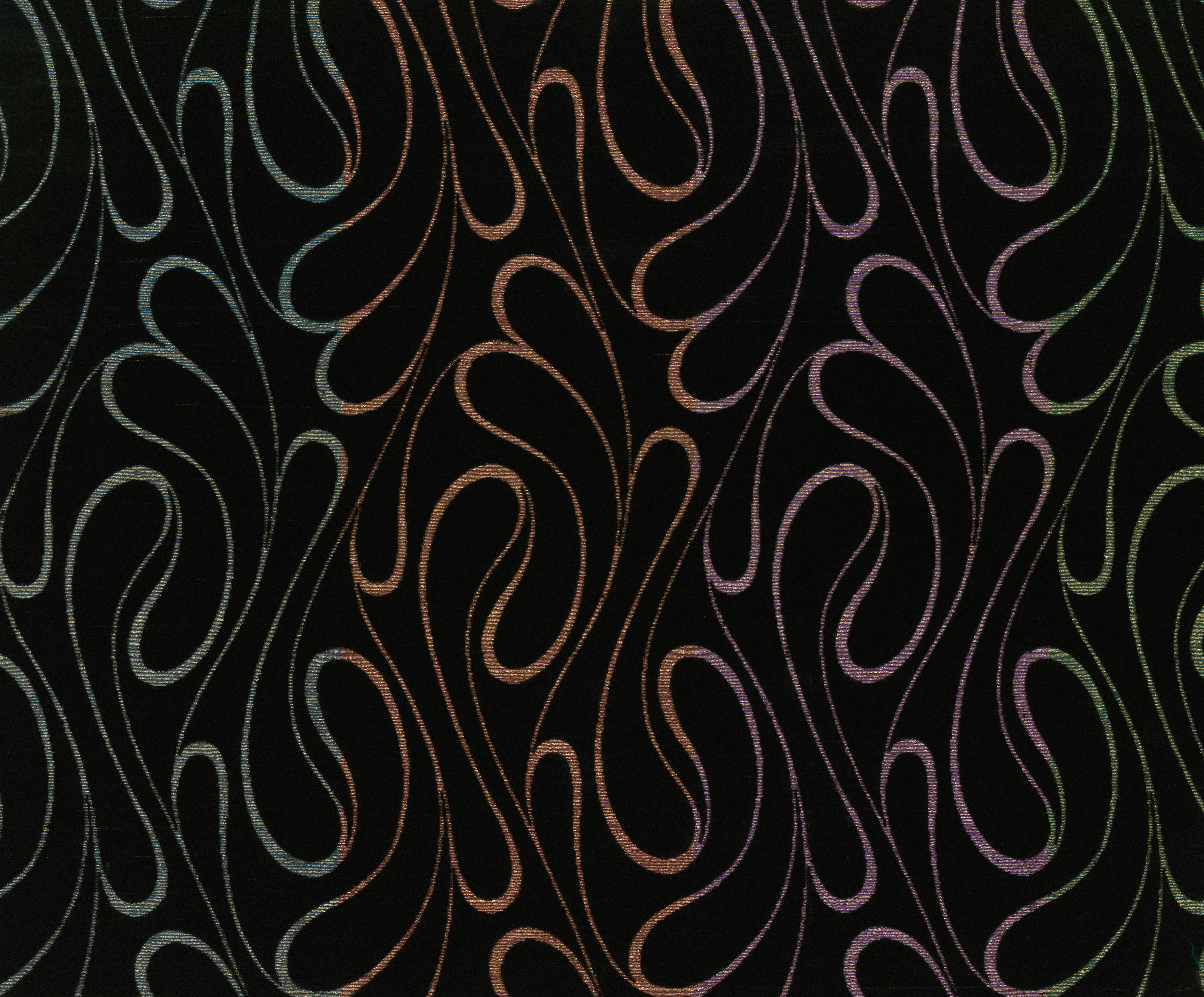Textile. Description Black velvet ground with an allover design of deeply looping lines in metallic gold. Four different colors of metallics – blue, orange, violet and green – in the ground. Designer Herman A. Elsberg, American, 1869–1938. Date 1919. Record ID chndm_1938-82-197