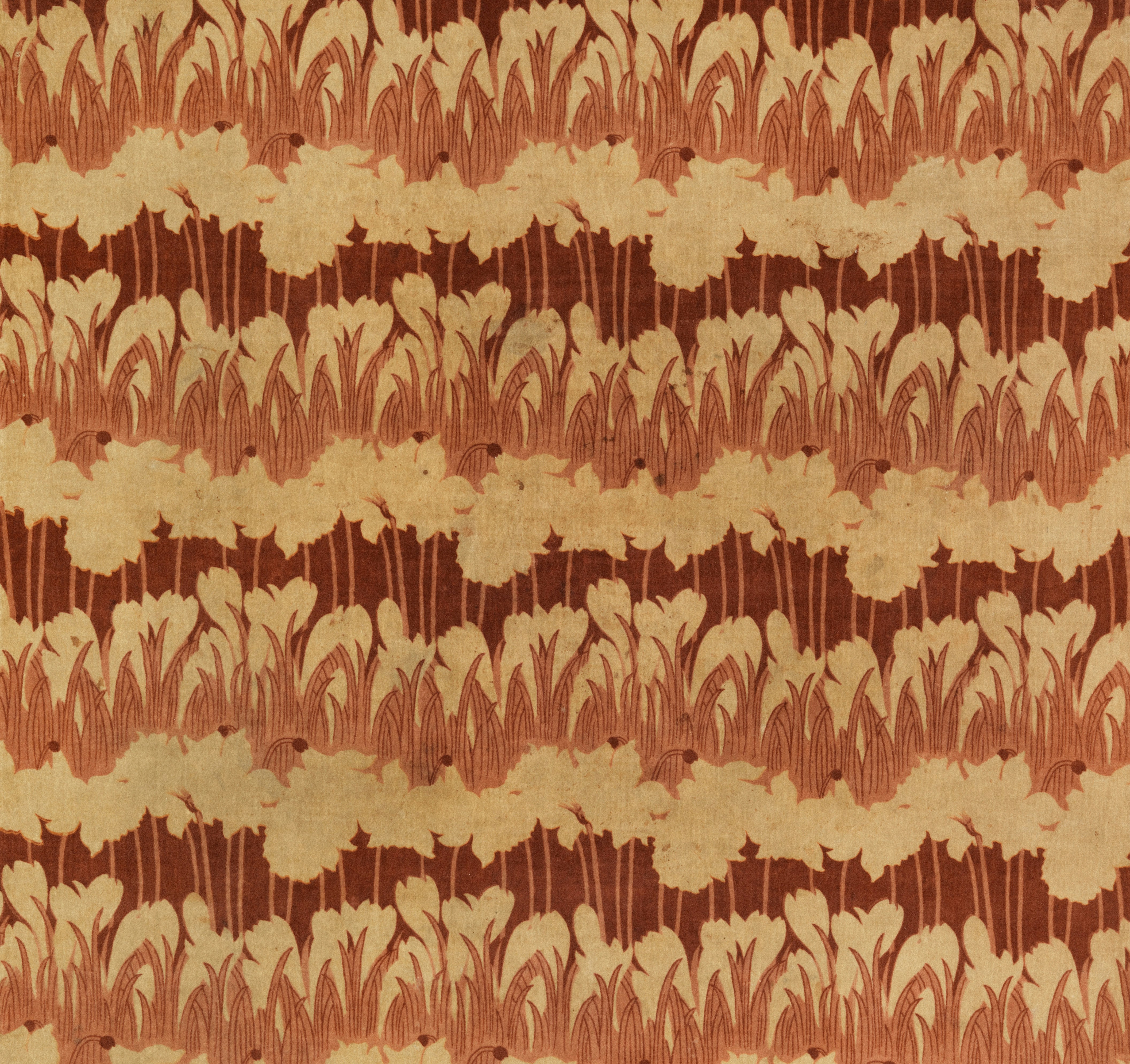 Textile. Description Cream colored cotton velvet, printed in design of horizontal rows of crocus and daffodils, in shades of dull rose red. Designer Arthur Wilcock. Record ID chndm_1952-105-26