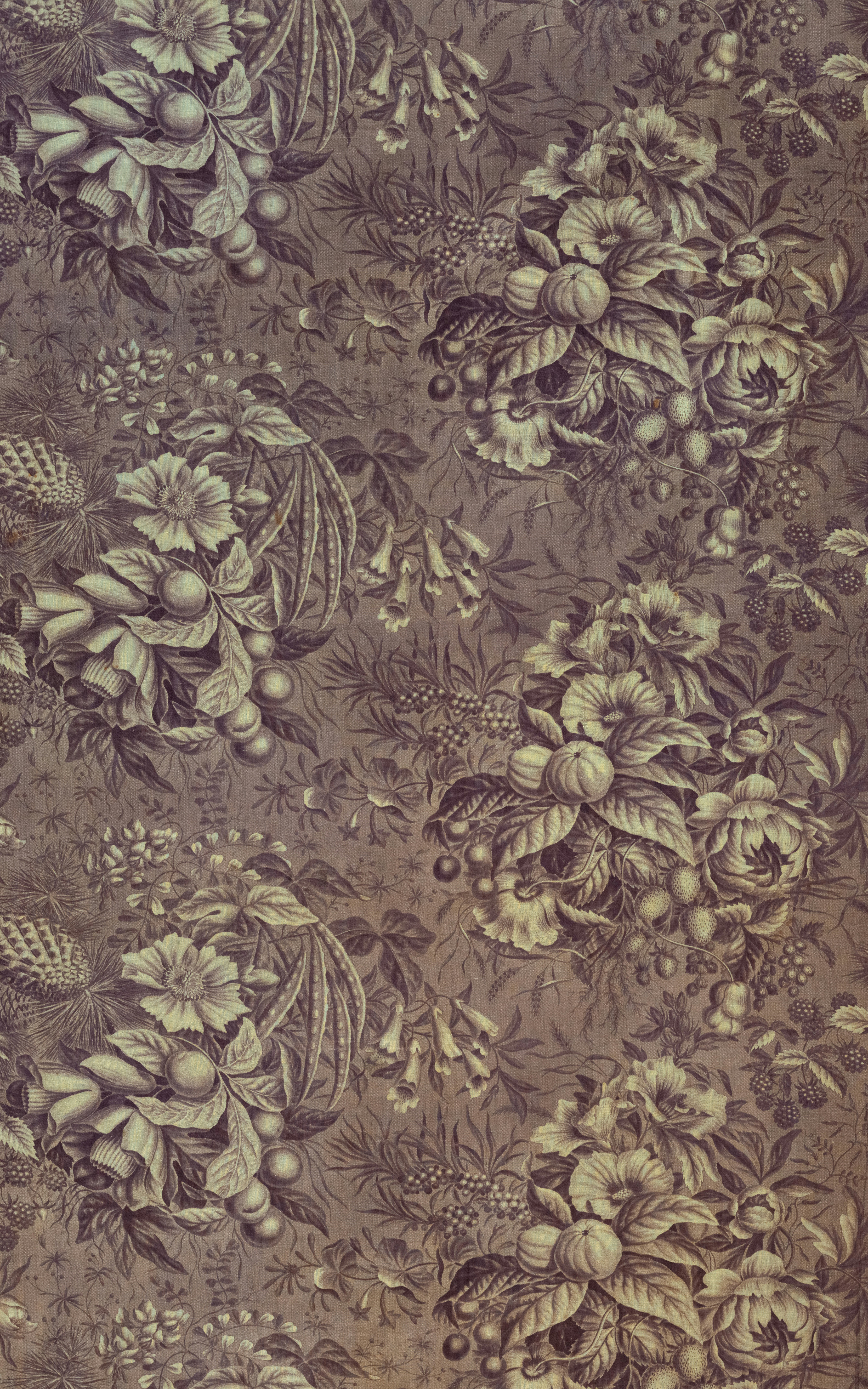 Textile. Description Gray ground showing a design of large scale, natural size groups of fruit and flowers, in staggered repeats, in shades of lavender, grey and white. Date late 19th century. Record ID chndm_1960-79-31