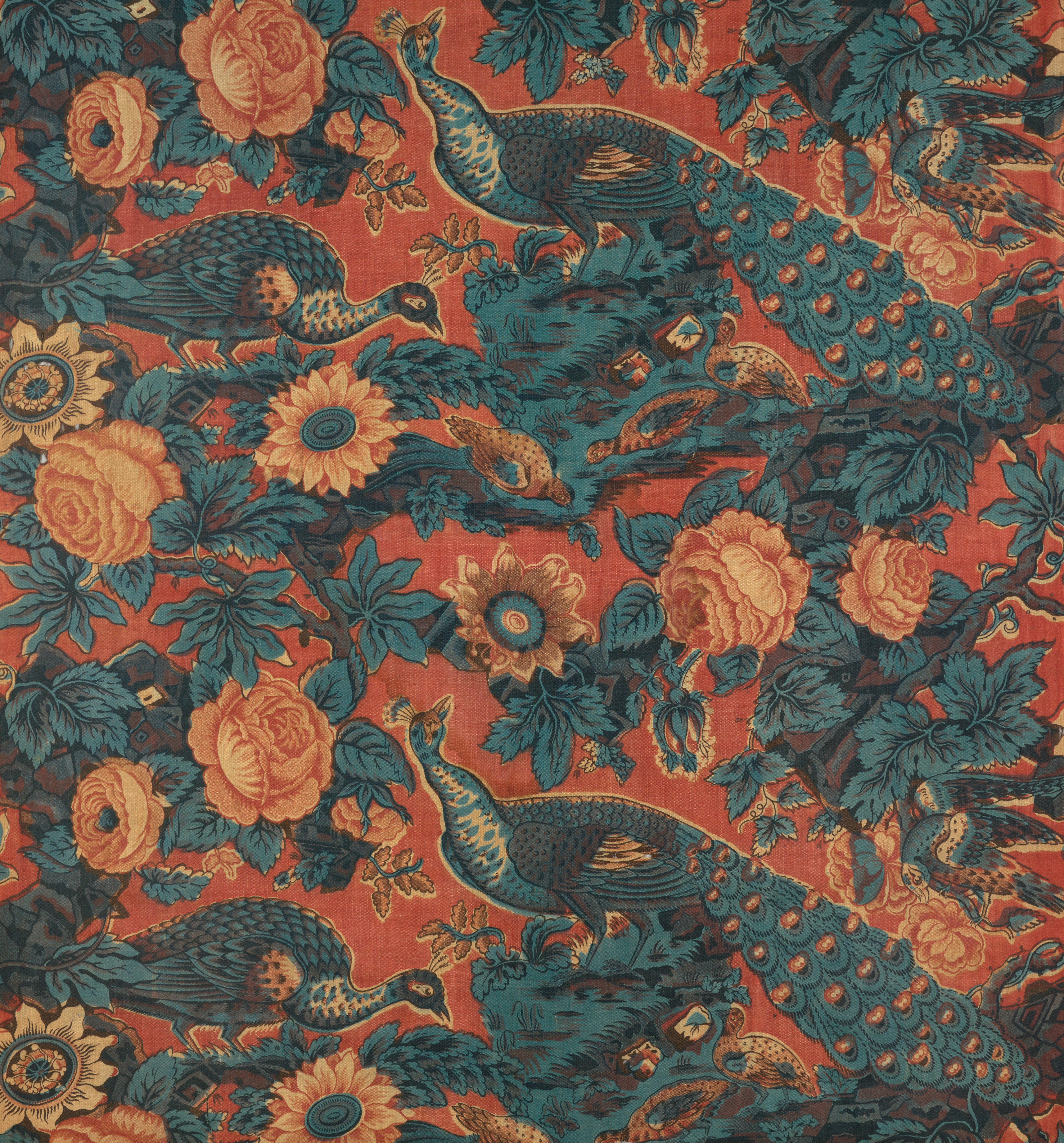 Peacock Reverie: Teal Birds Wrenching Florals Across A Coral Textile