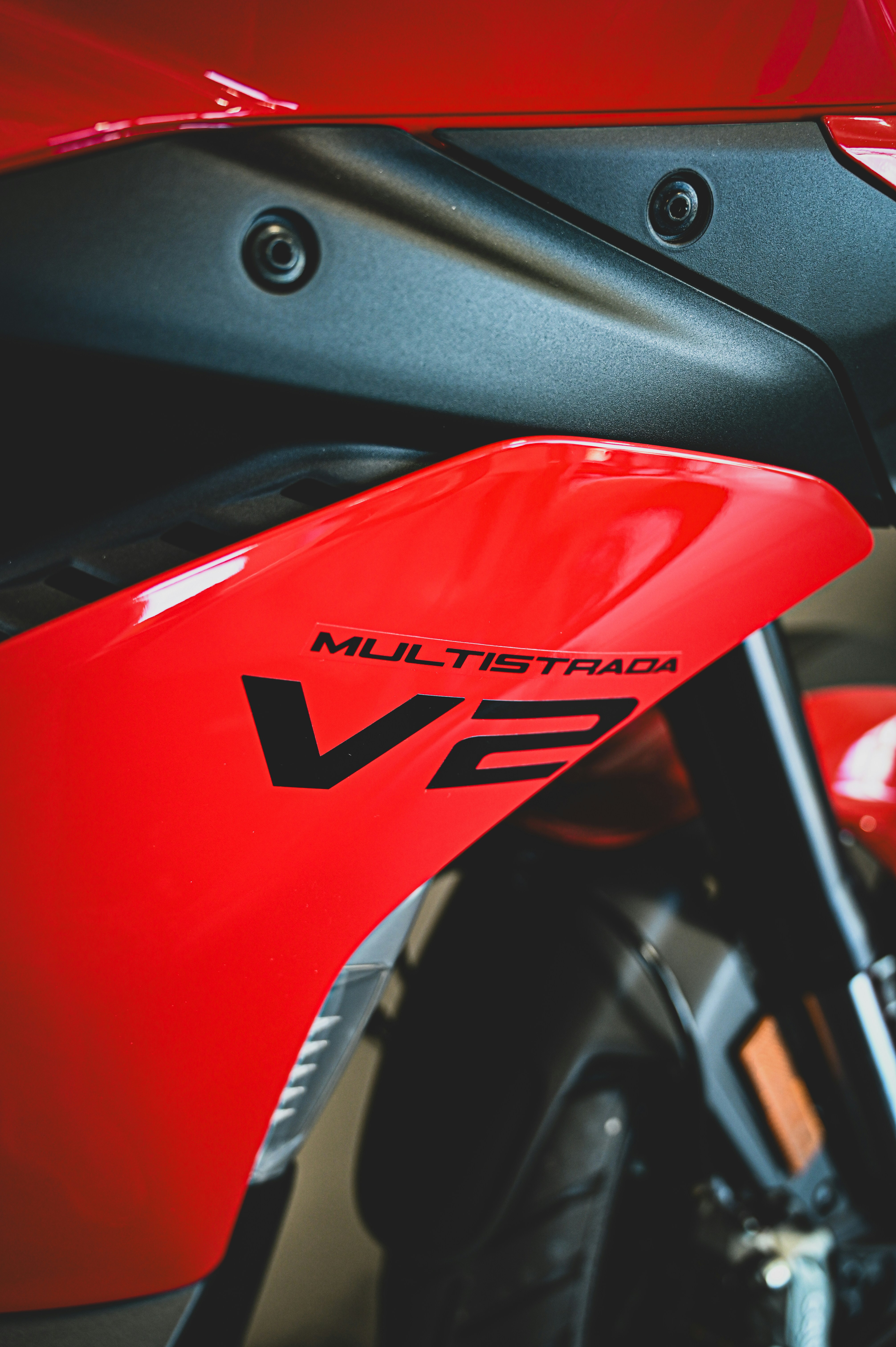Red multistrada v2 motorcycle side panel detail