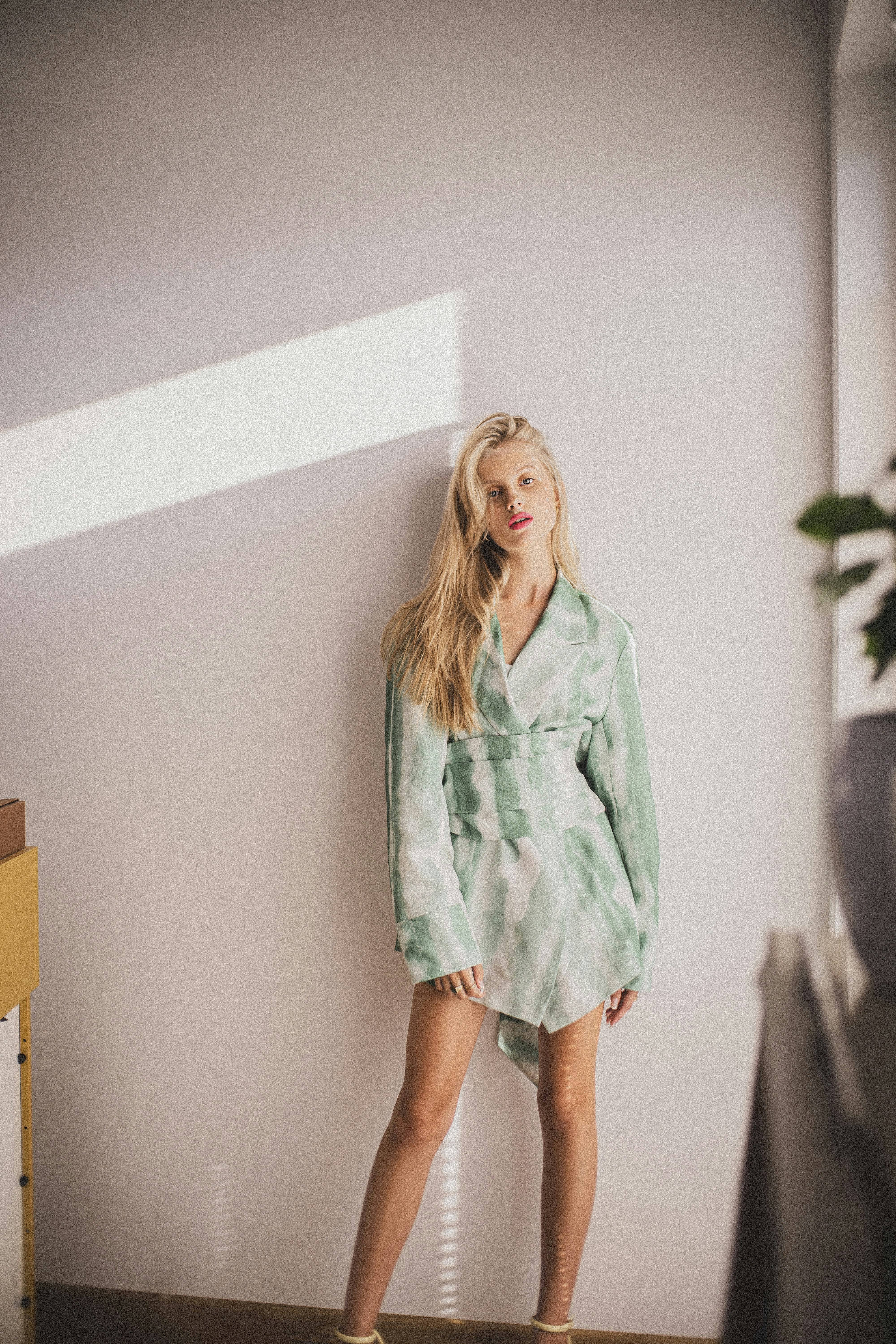Soft Light, Strong Presence: A Model in Mint Velvet by the Wall