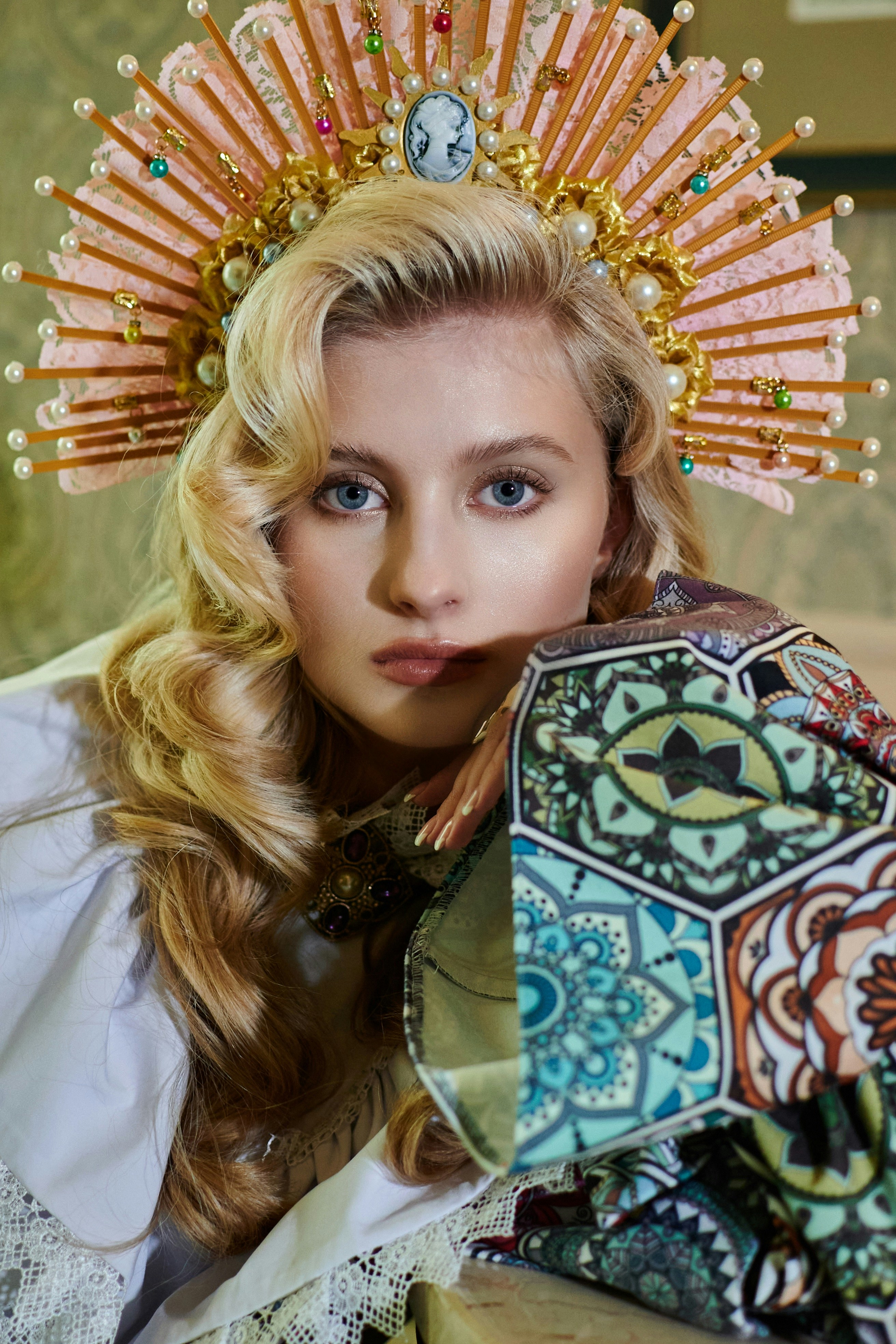 Halo of Icons: a porcelain gaze beneath a radiant headdress