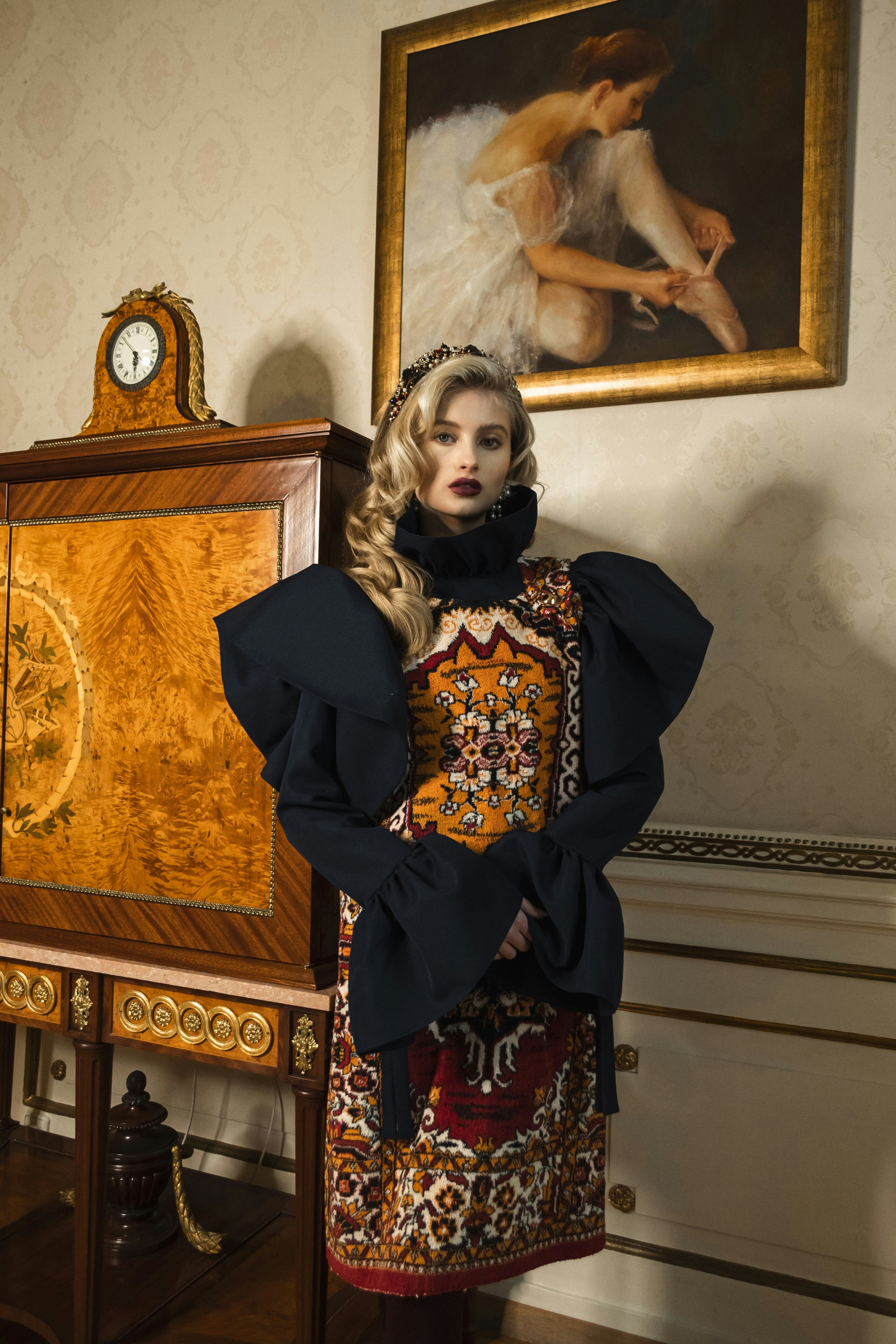 Ornate Attire in a Velvet Portrait Room