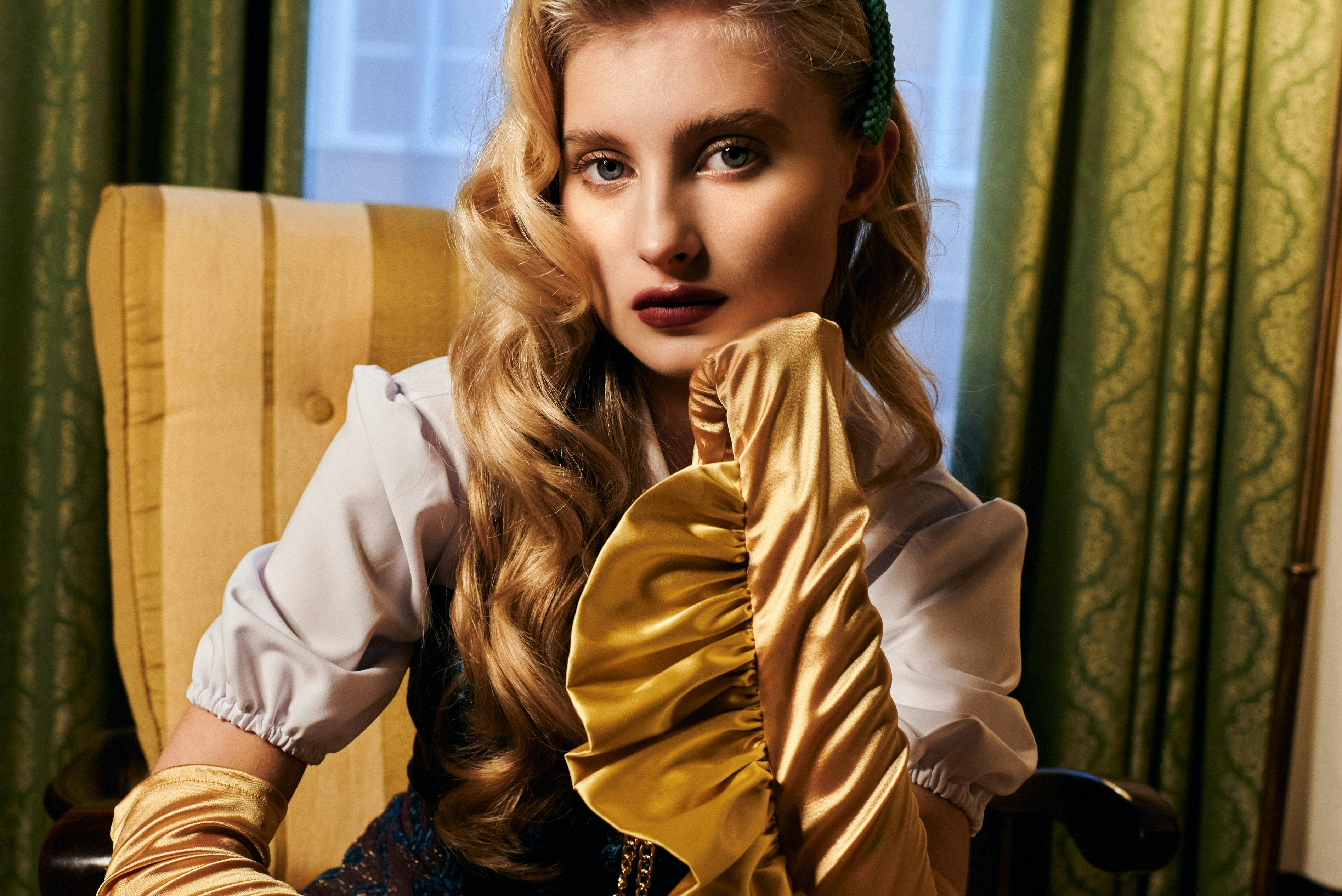Portrait in Velvet Gold: Vintage Glamour by the Window