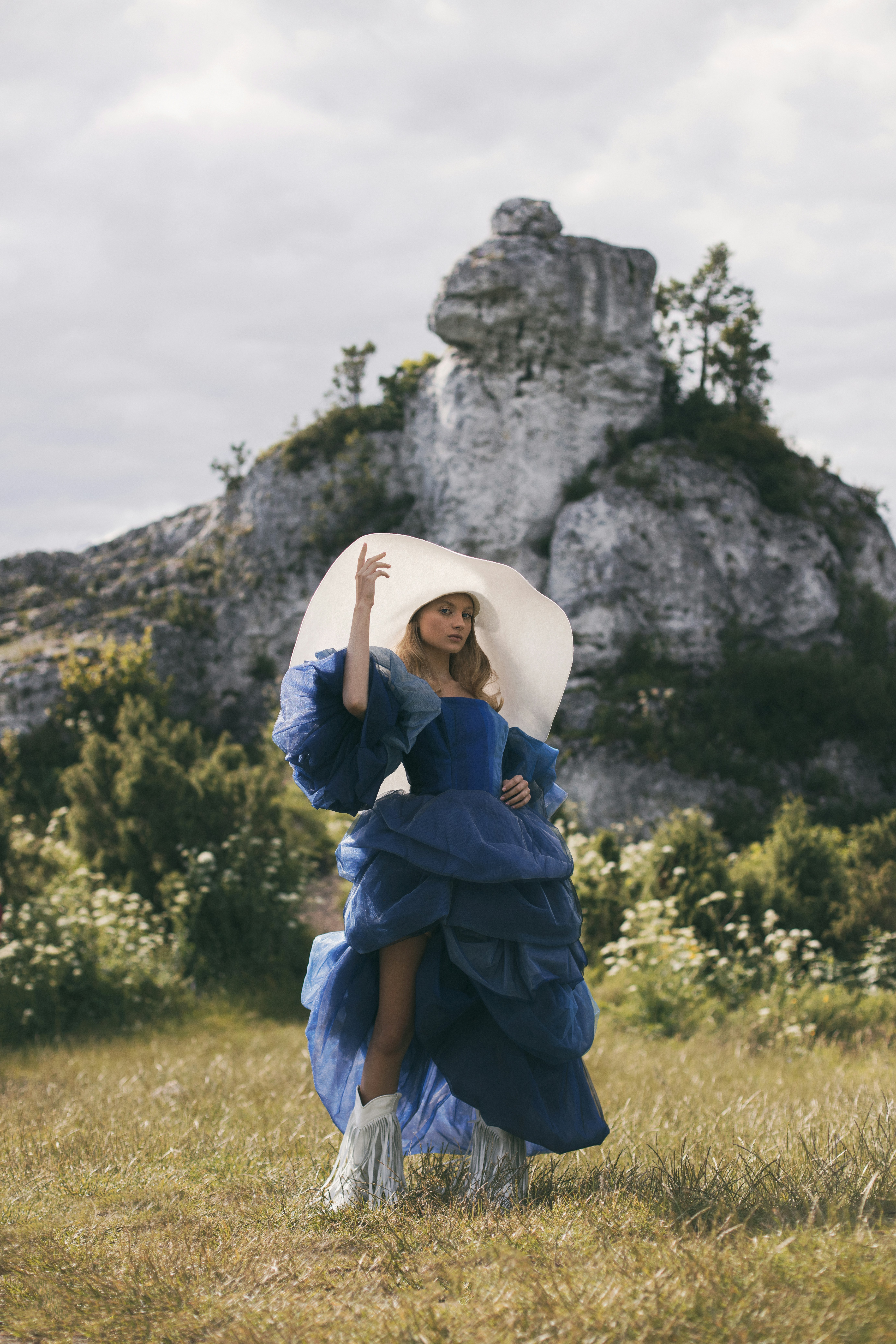 Blue Gown in the Whispering Field by the Stone outcrop