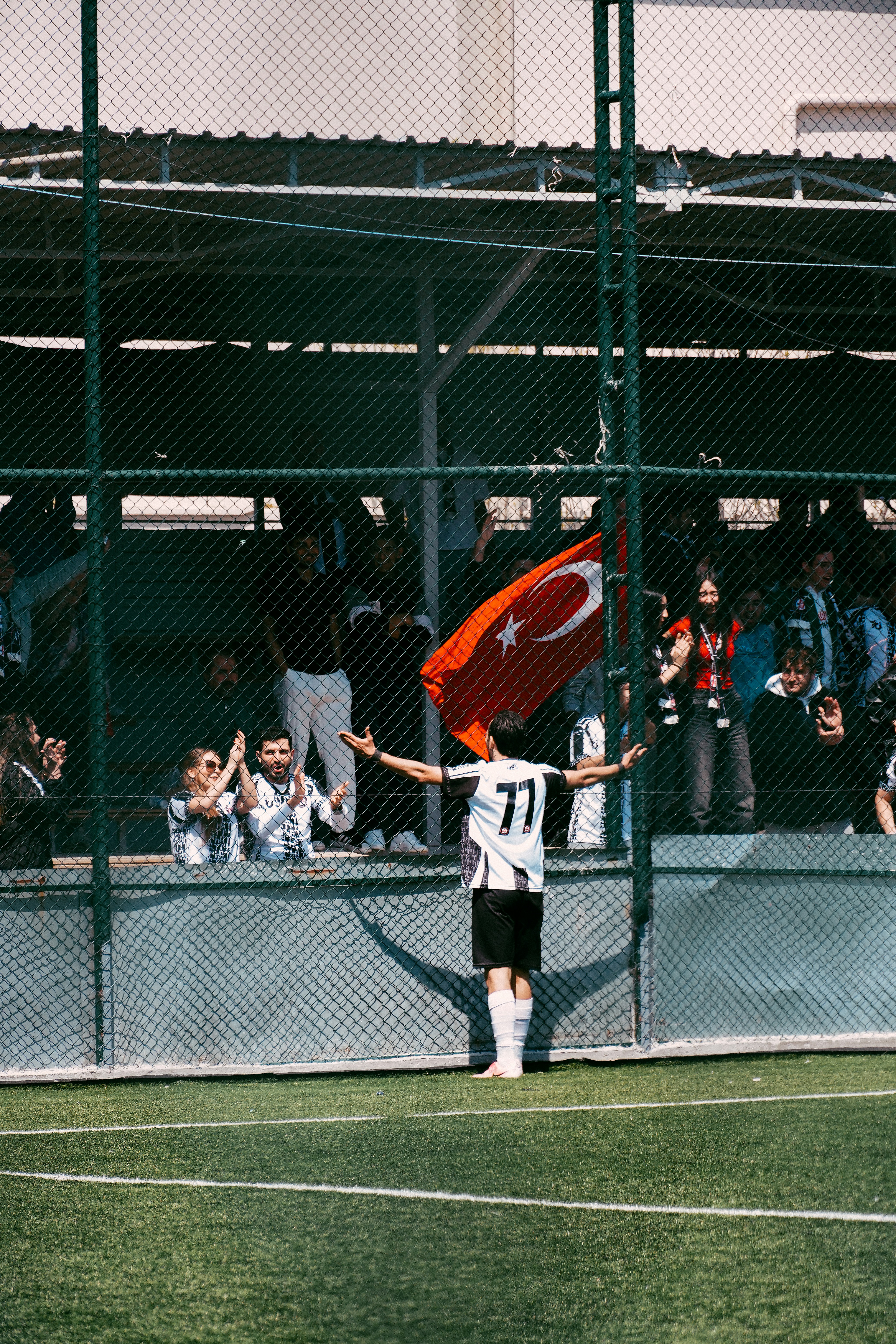 Flag of Courage: A Player Halts at the Fence with Outstretched Arms
