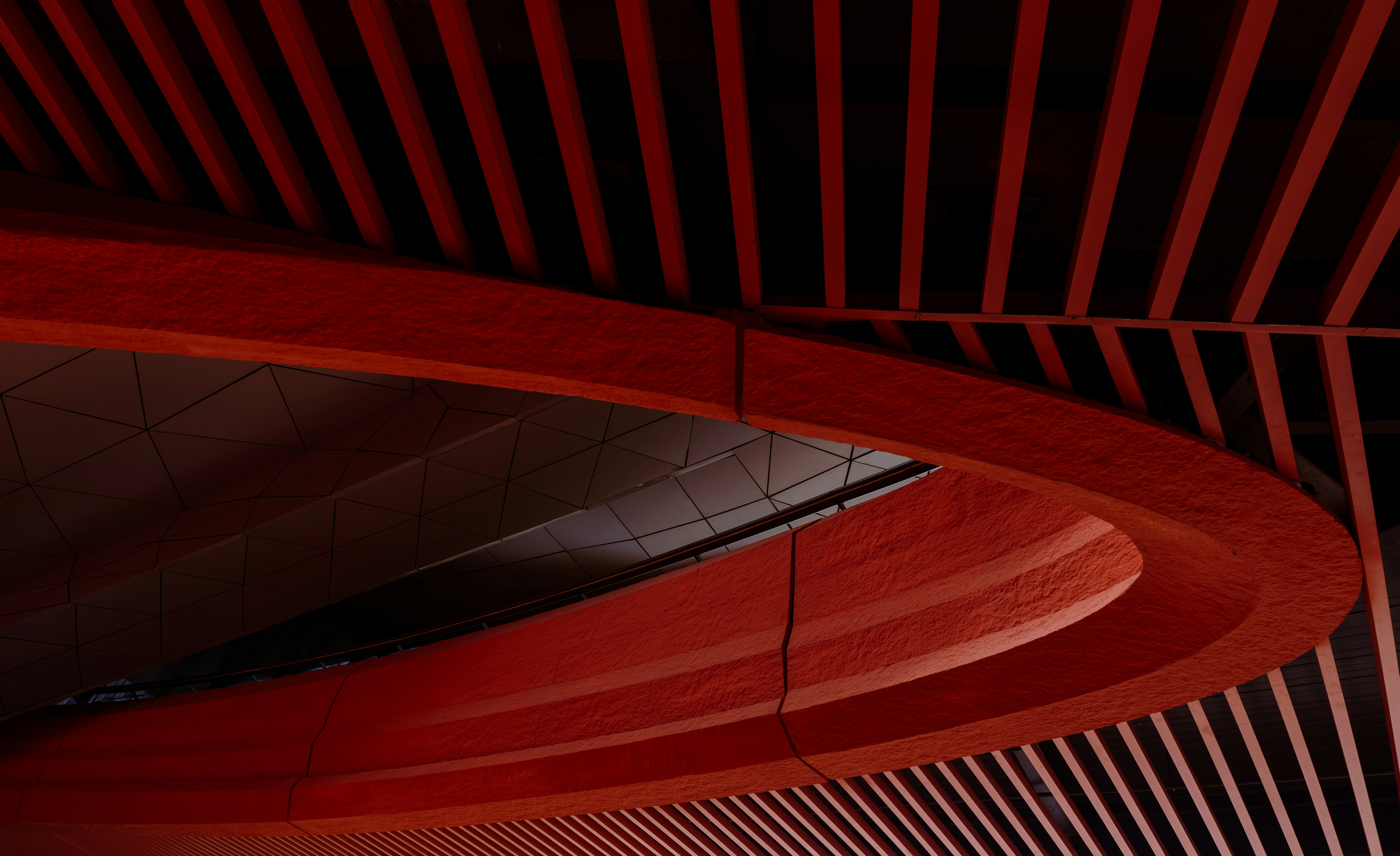 Curved Red Timbered Geometry Under Overlaid Gratings