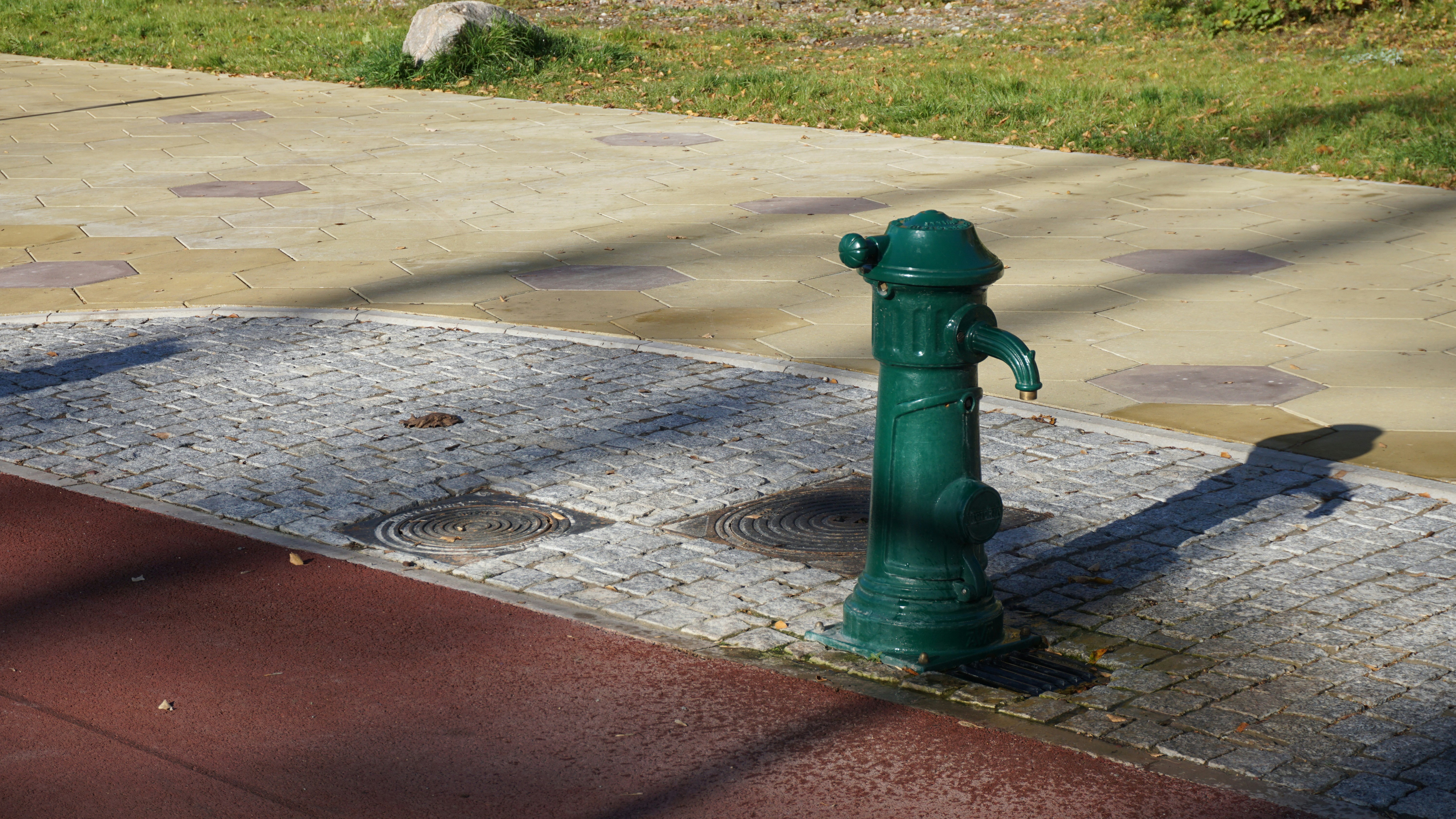 Hydrated Hero: A solitary green fire hydrant anchors a quiet park path