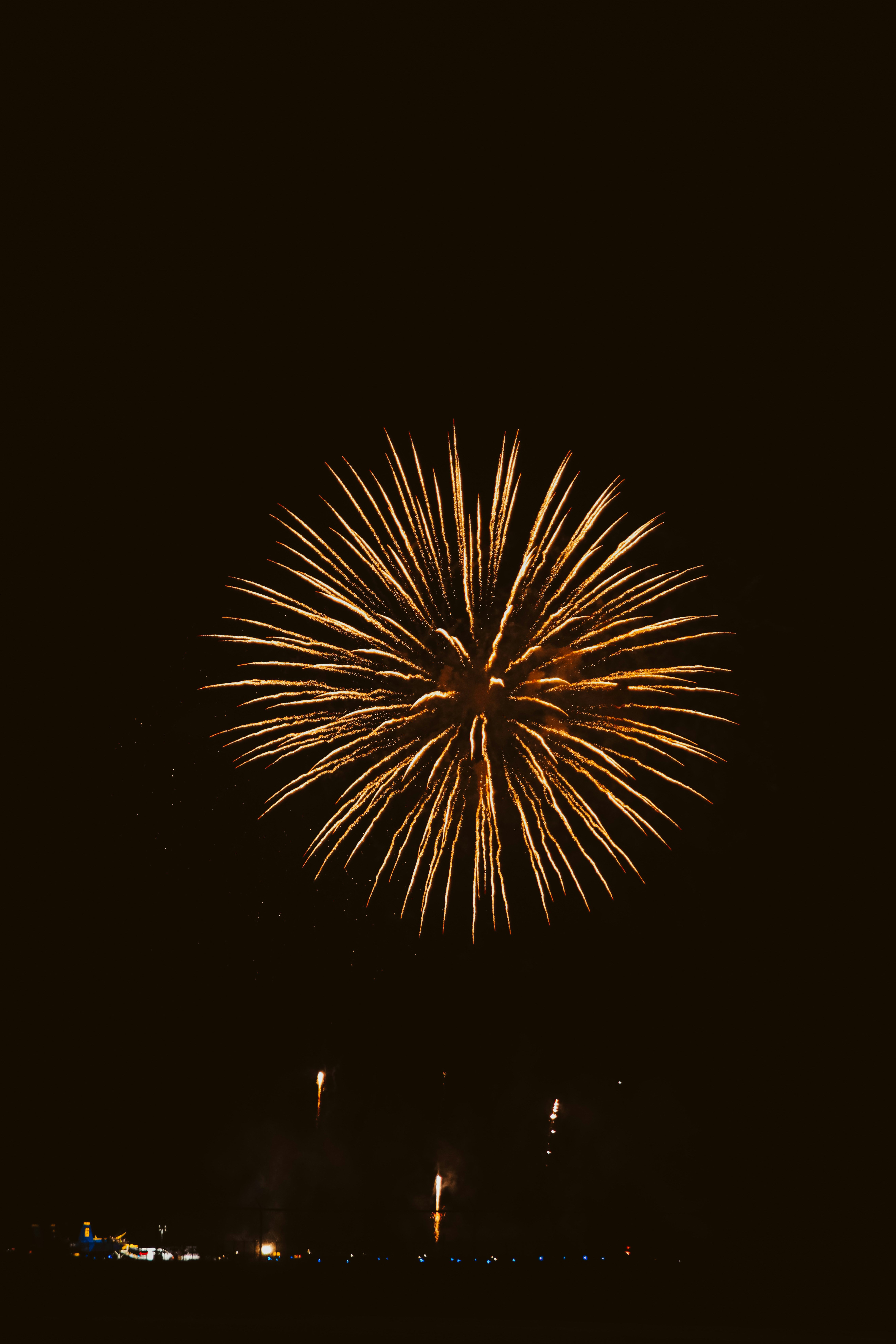 Night Sky Bloom: A Lone Firework Crowned by Golden Spokes