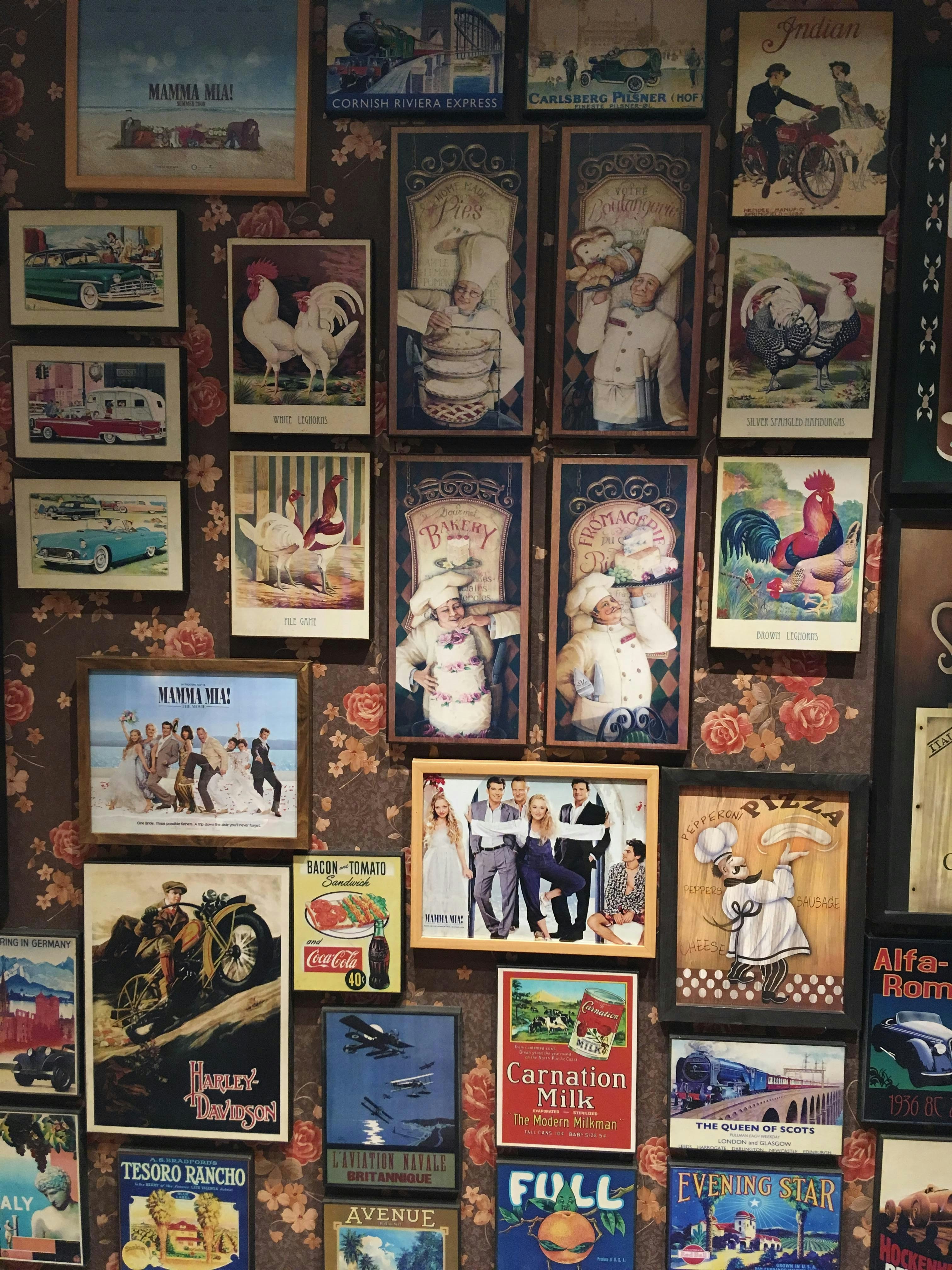 Wall of Vintage Menu Art: Frames, Advertisements, and Roosters