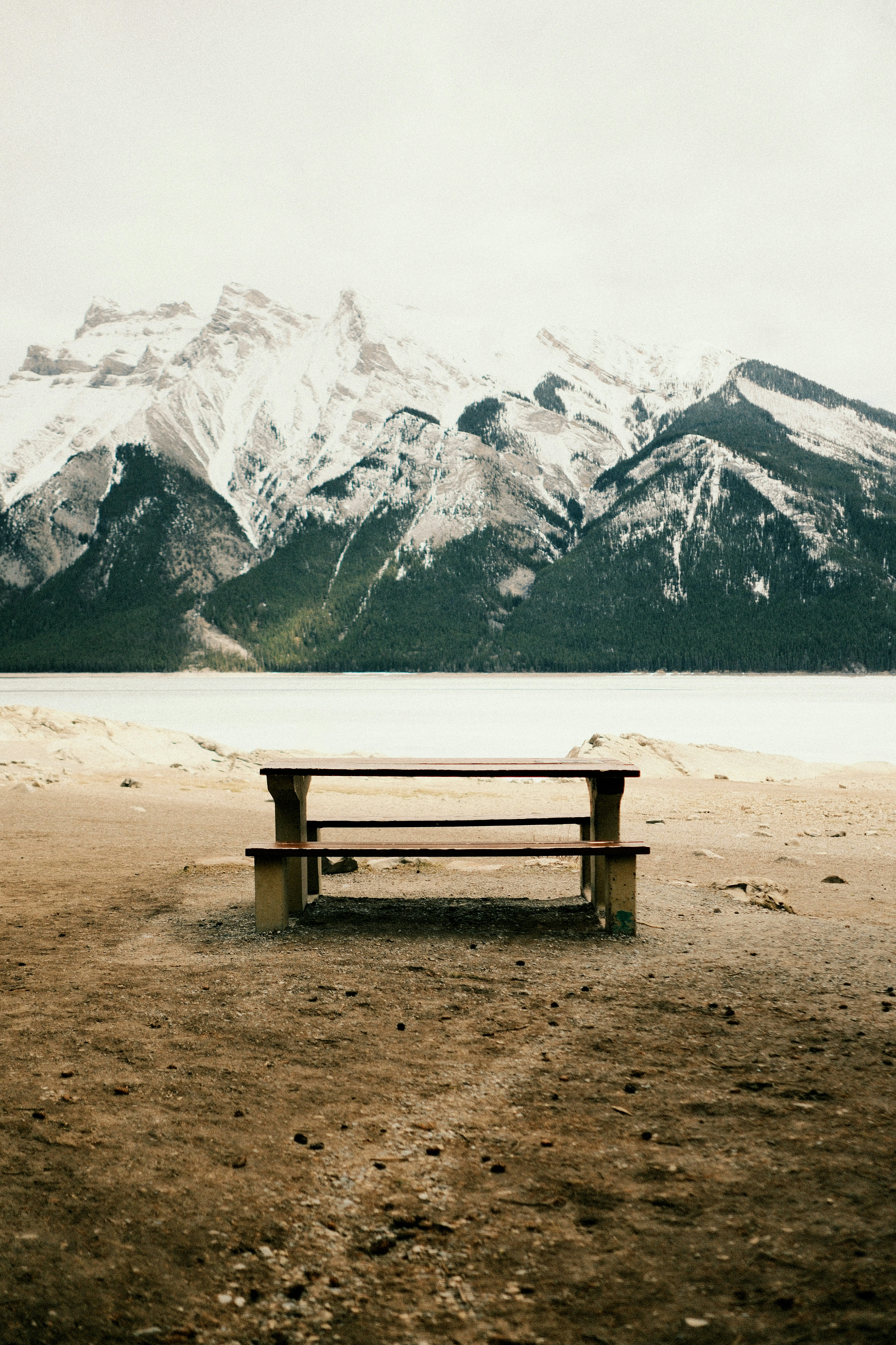 Solitary Picnic Bench Before Snowbound Peaks