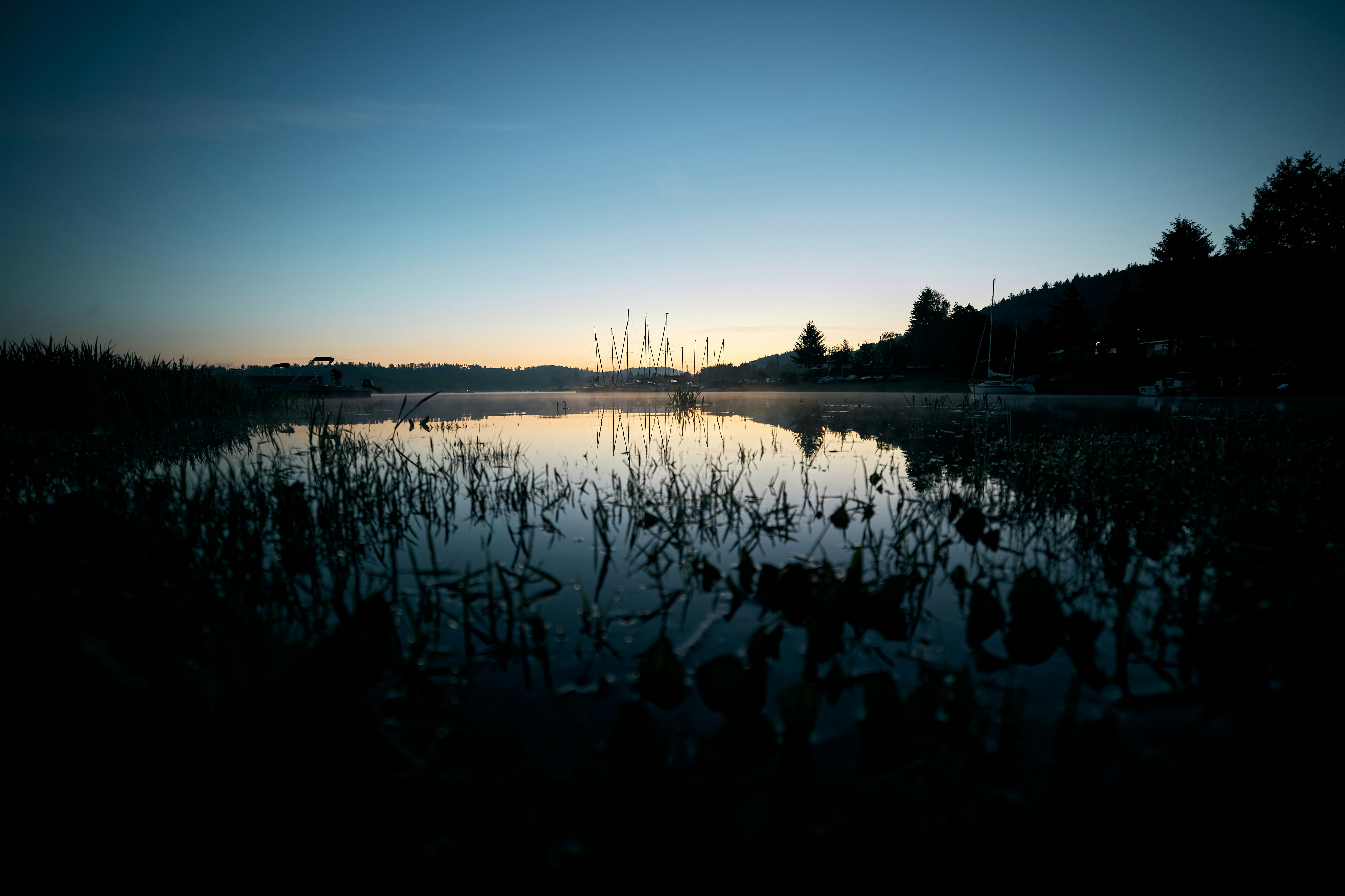 Twilight Shoreline: Silhouette of Calm Waters at Dusk