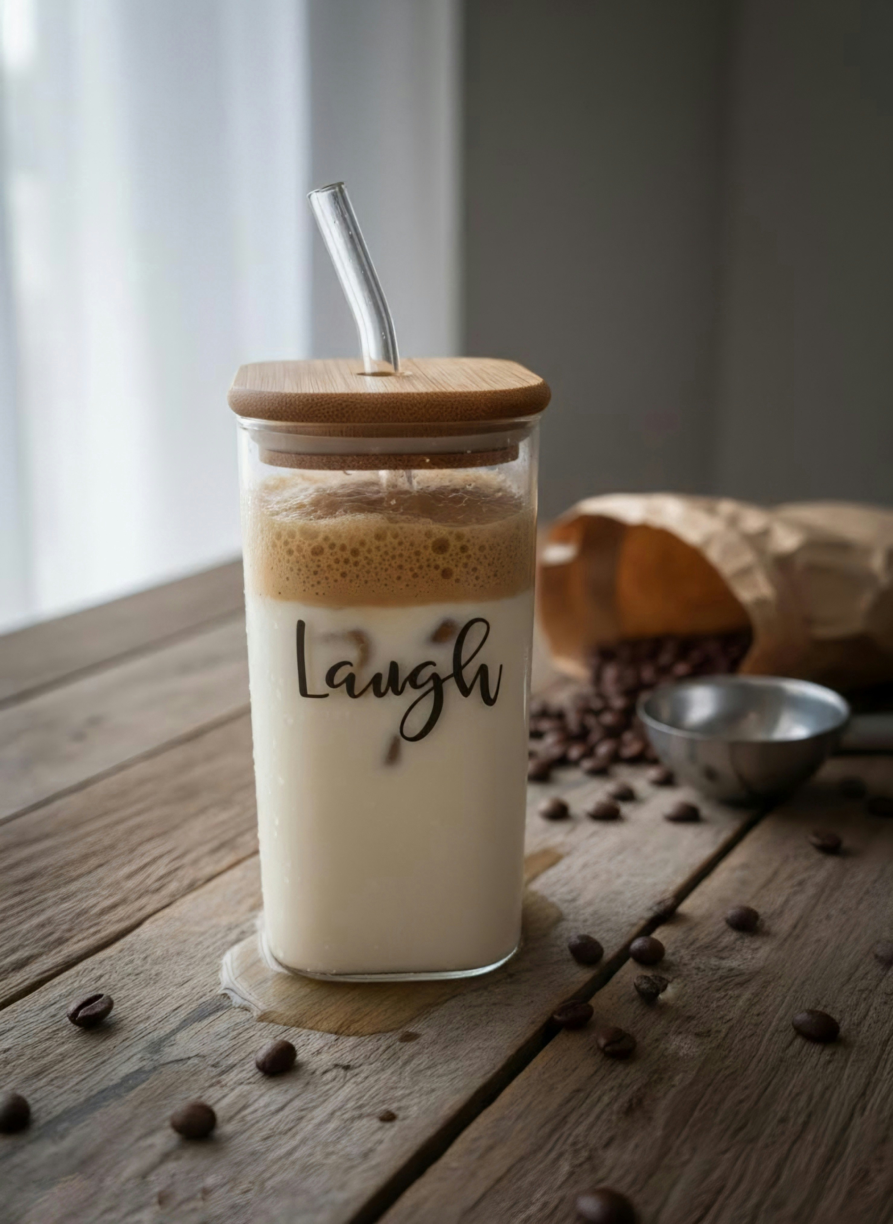 Dalgona coffee in a "laugh" glass with scattered coffee beans.