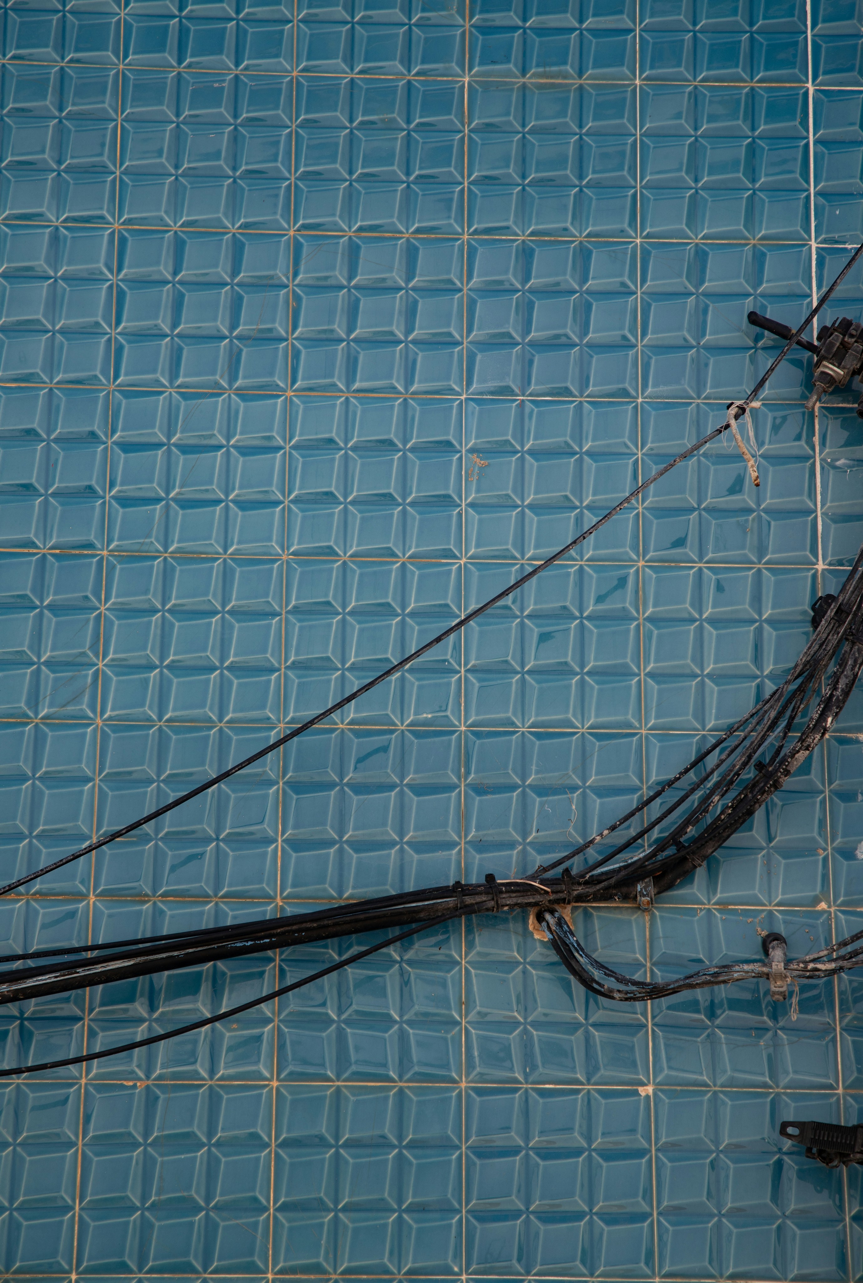 Tangled Cables Across a Blue-Tiled Facade