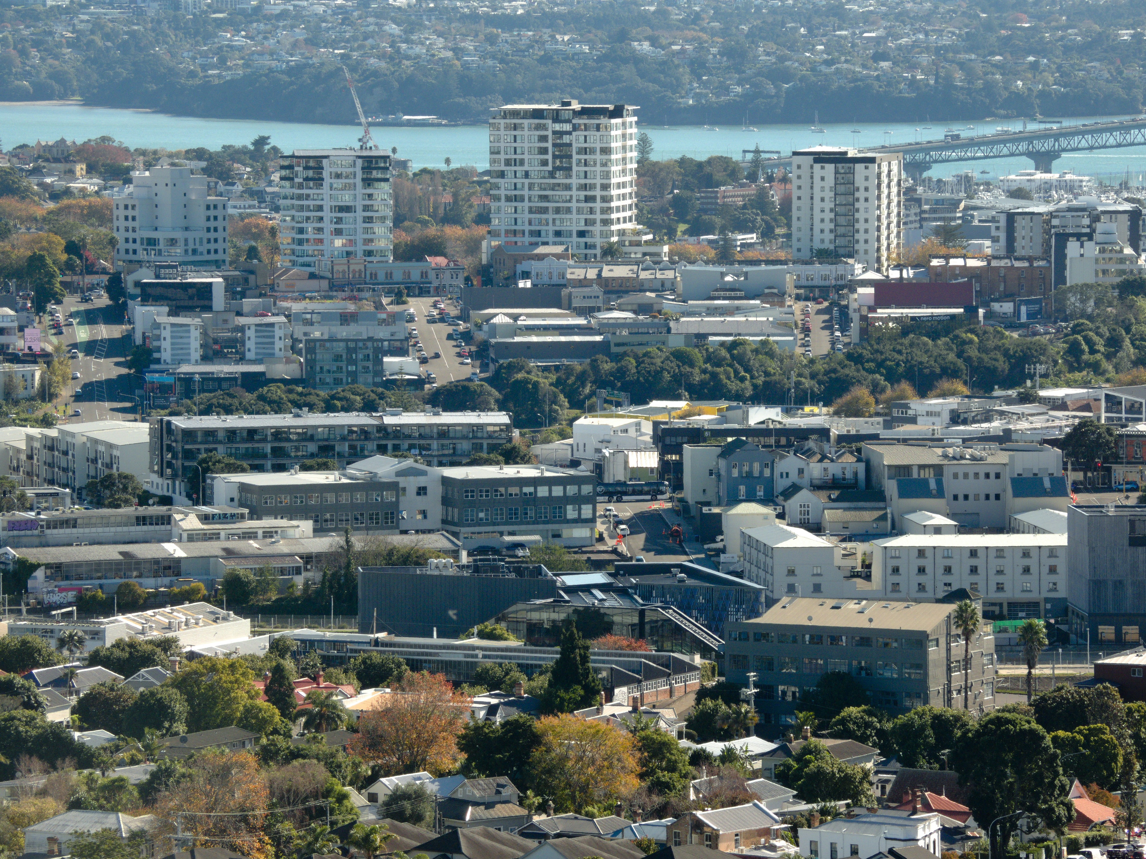 Cityscape with buildings, green trees, and a distant harbor. photo ...