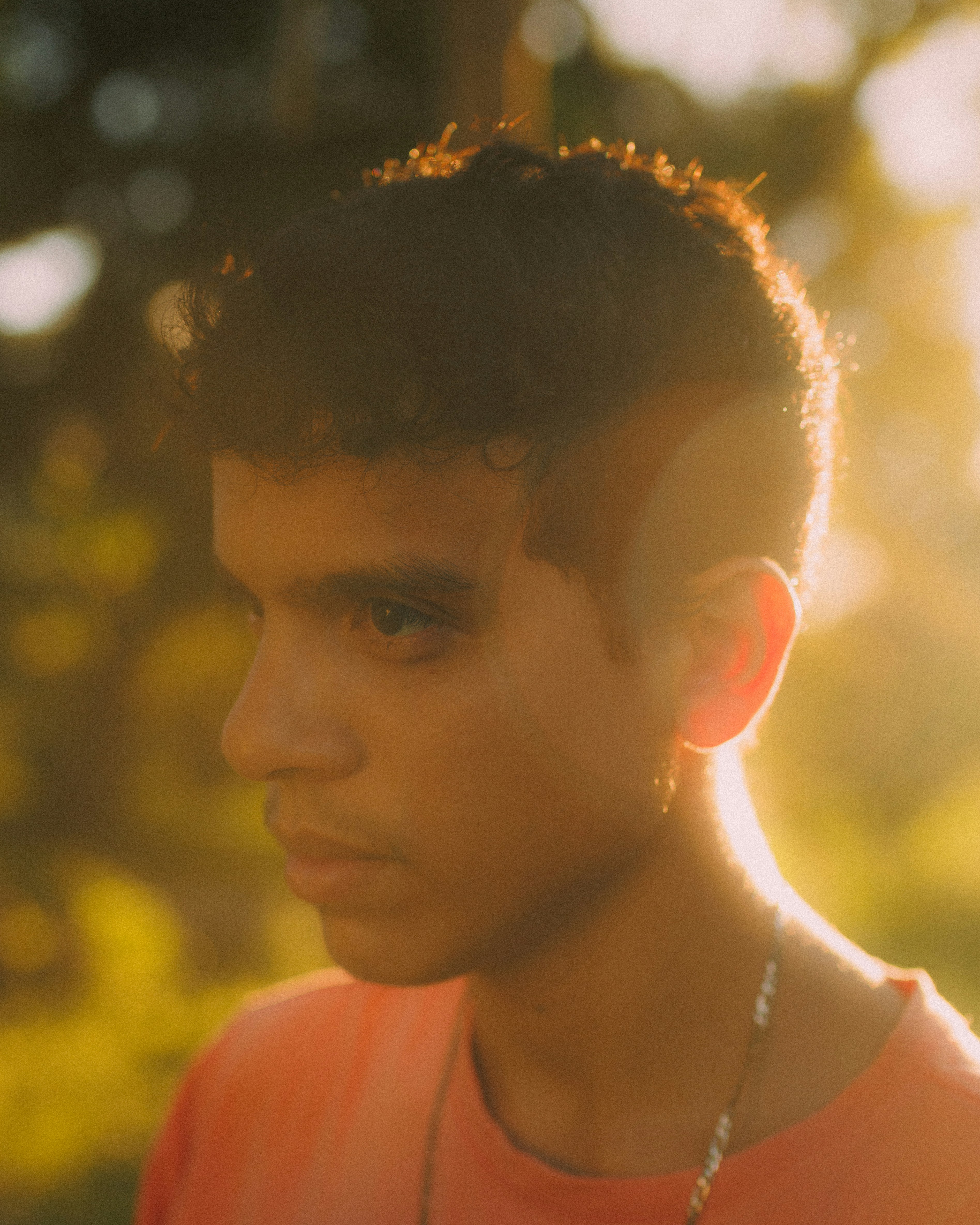 Young man with curly hair bathed in golden sunlight outdoors.