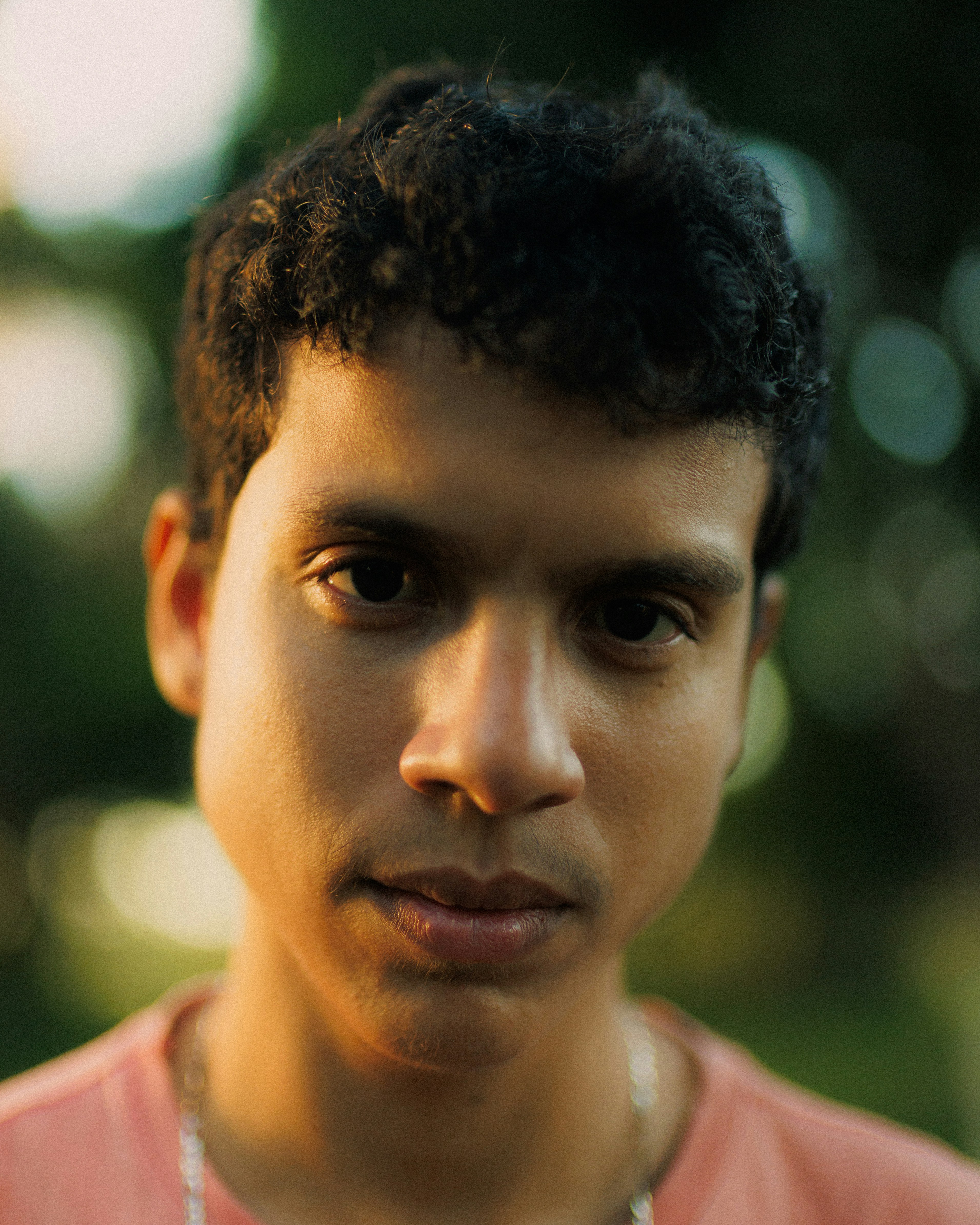 Young man with curly hair in warm natural light.