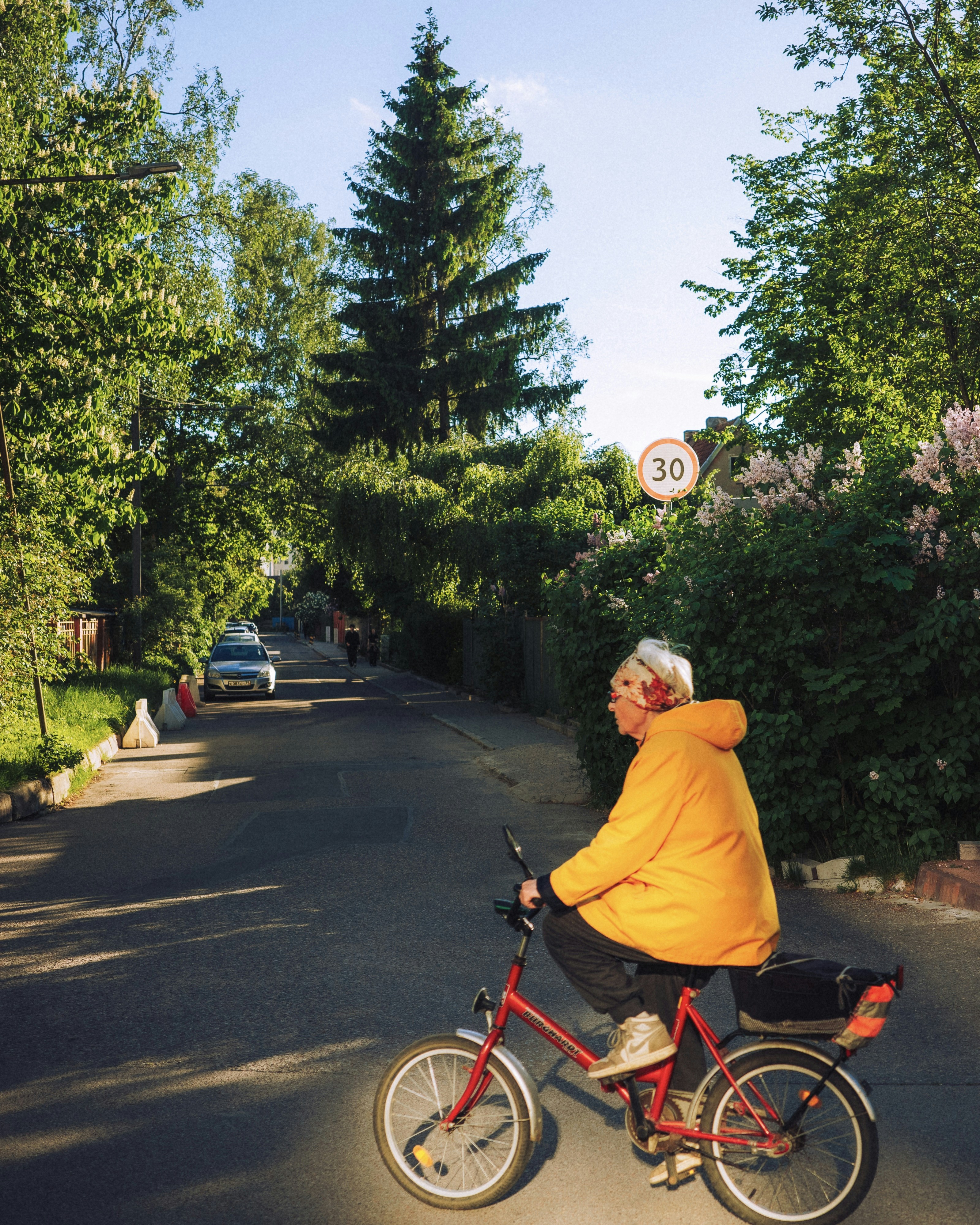 Yellow-Jacketed Rider Rides Through a Quiet Tree-Lined Street