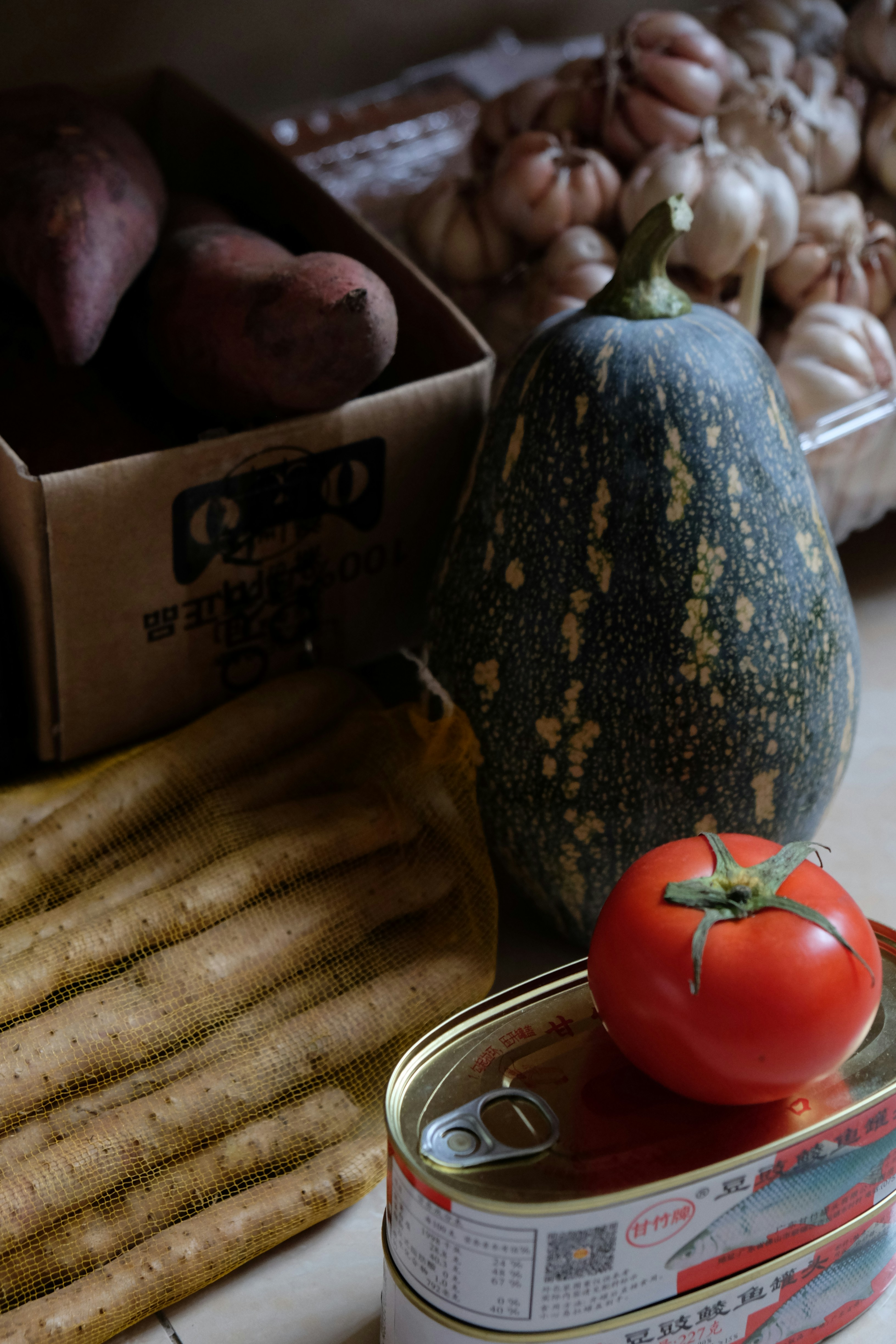 Harvest Palette: A Squash, Tomato, and Tin in Quiet Decay