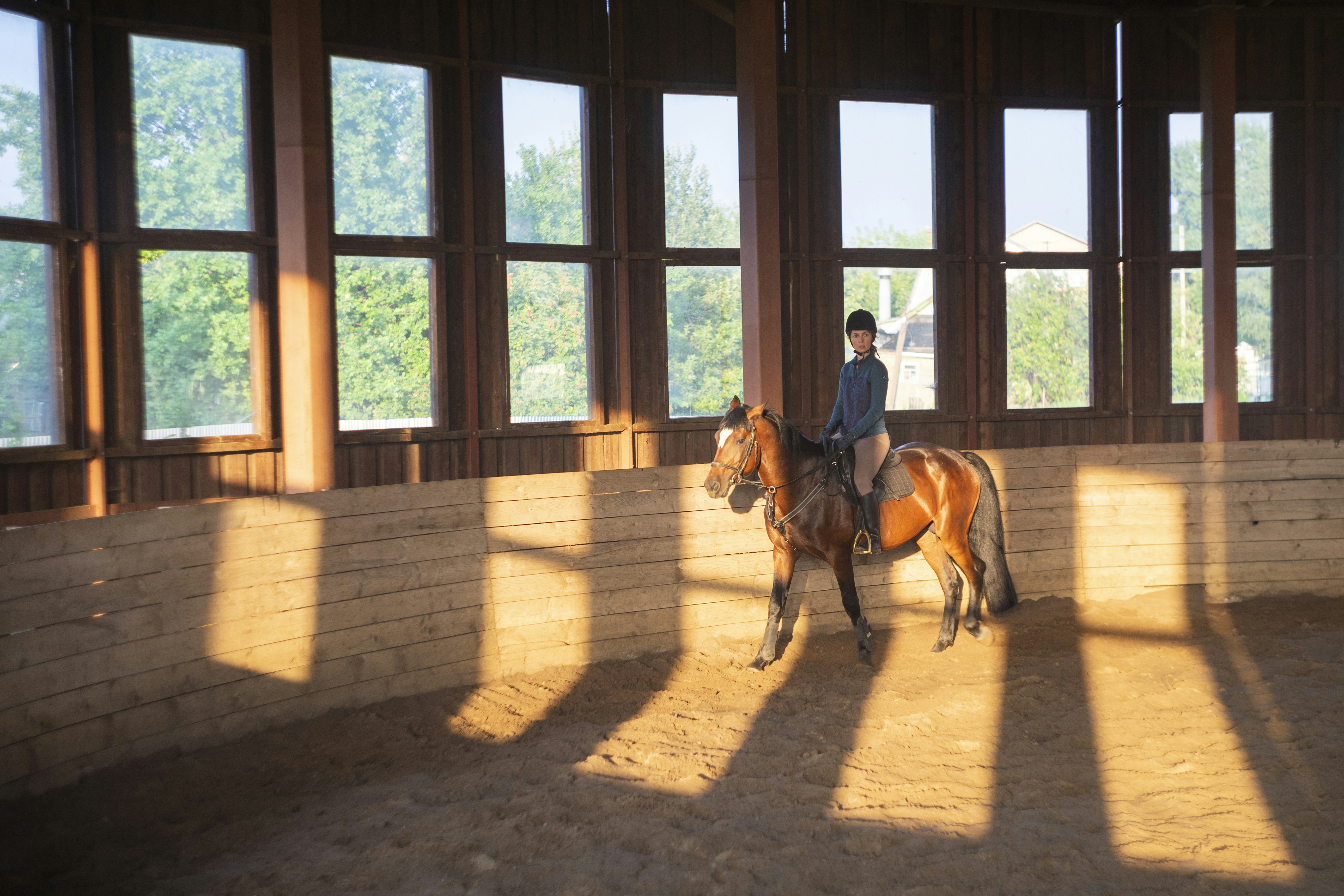 Rider and Horse Beneath Warm-windowed Arena