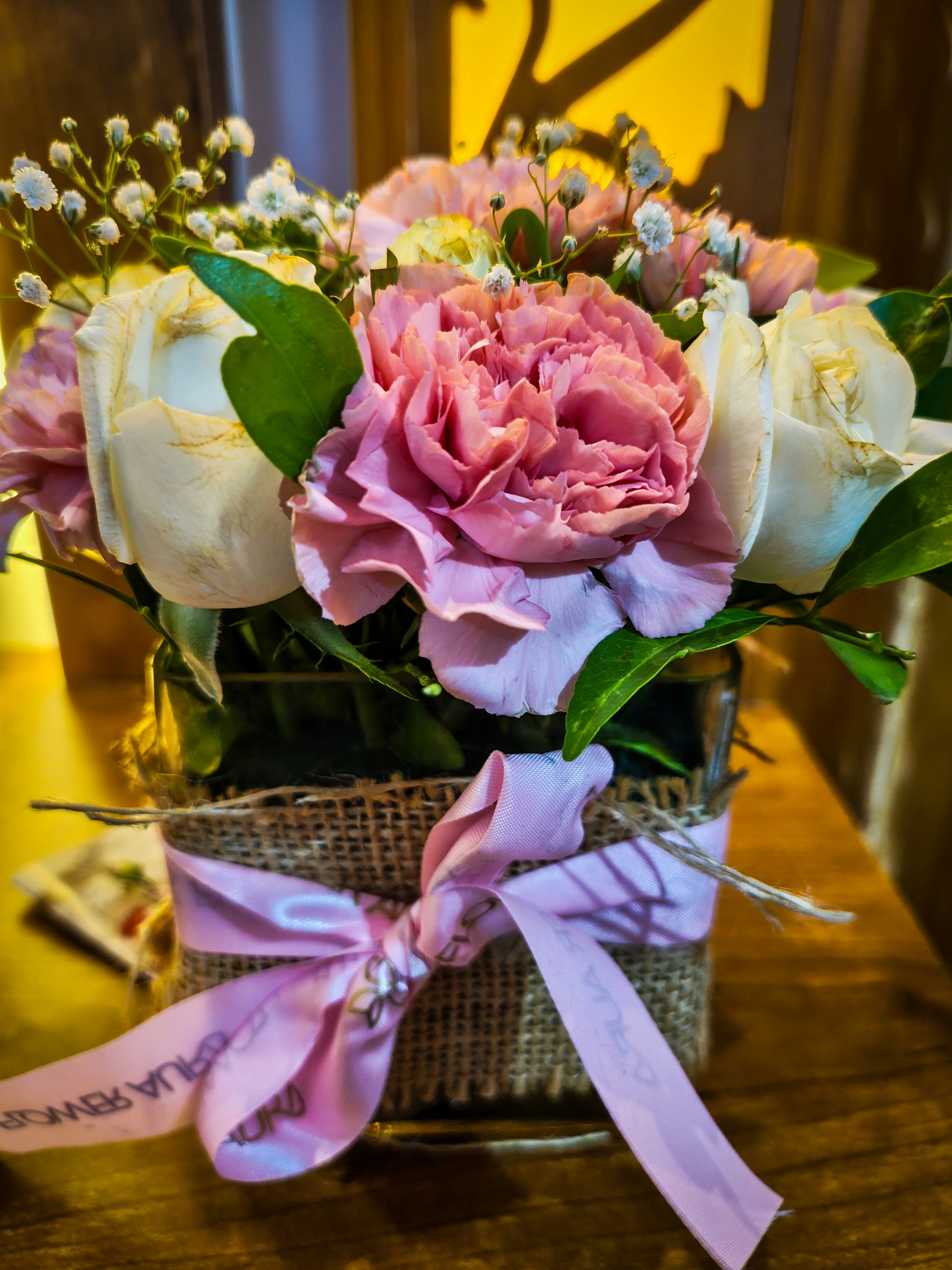 Pastel Peony Cascade in Burlap, Tied with a Pink Ribbon