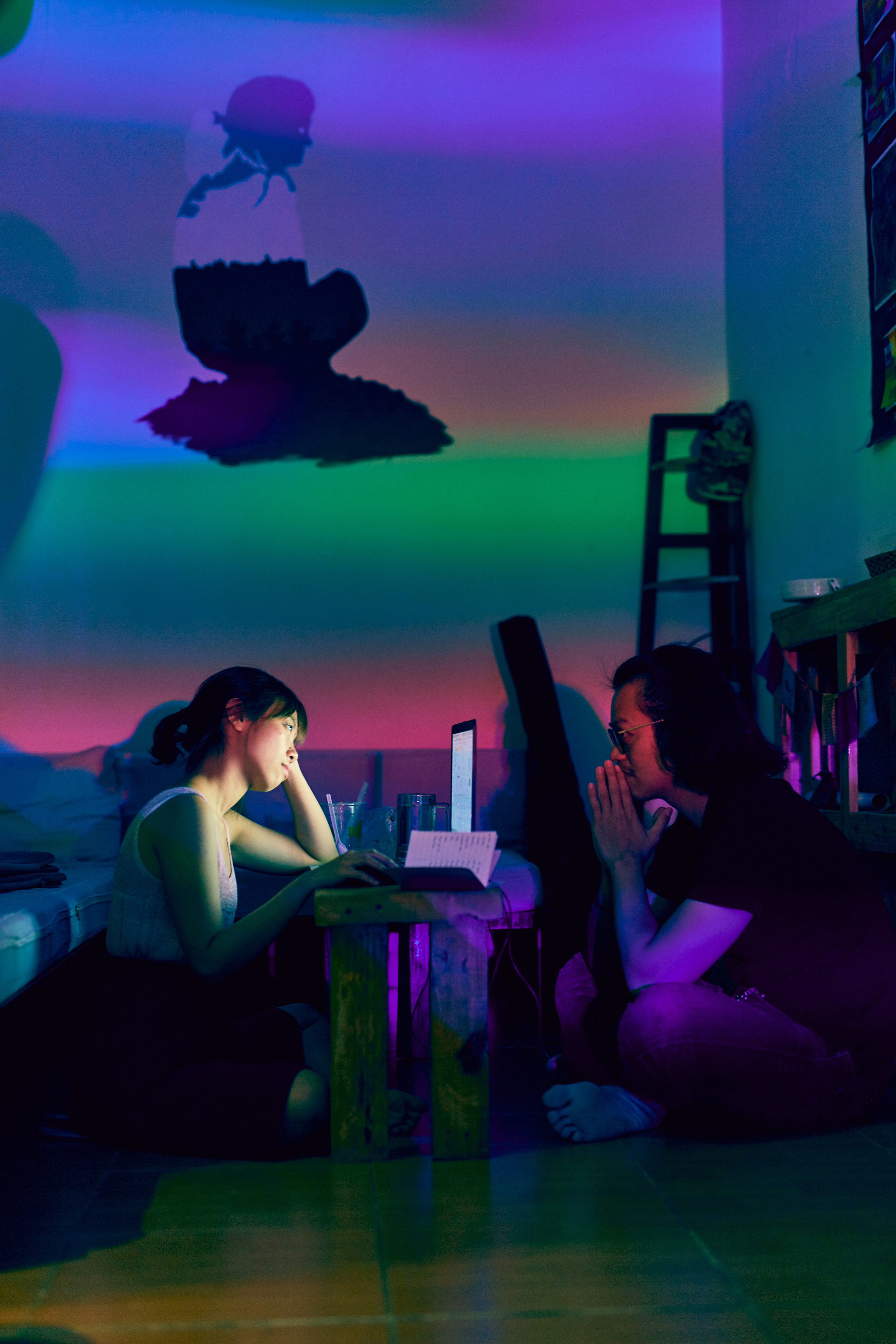 Midnight Study: Neon Reflections in a Quiet Studio