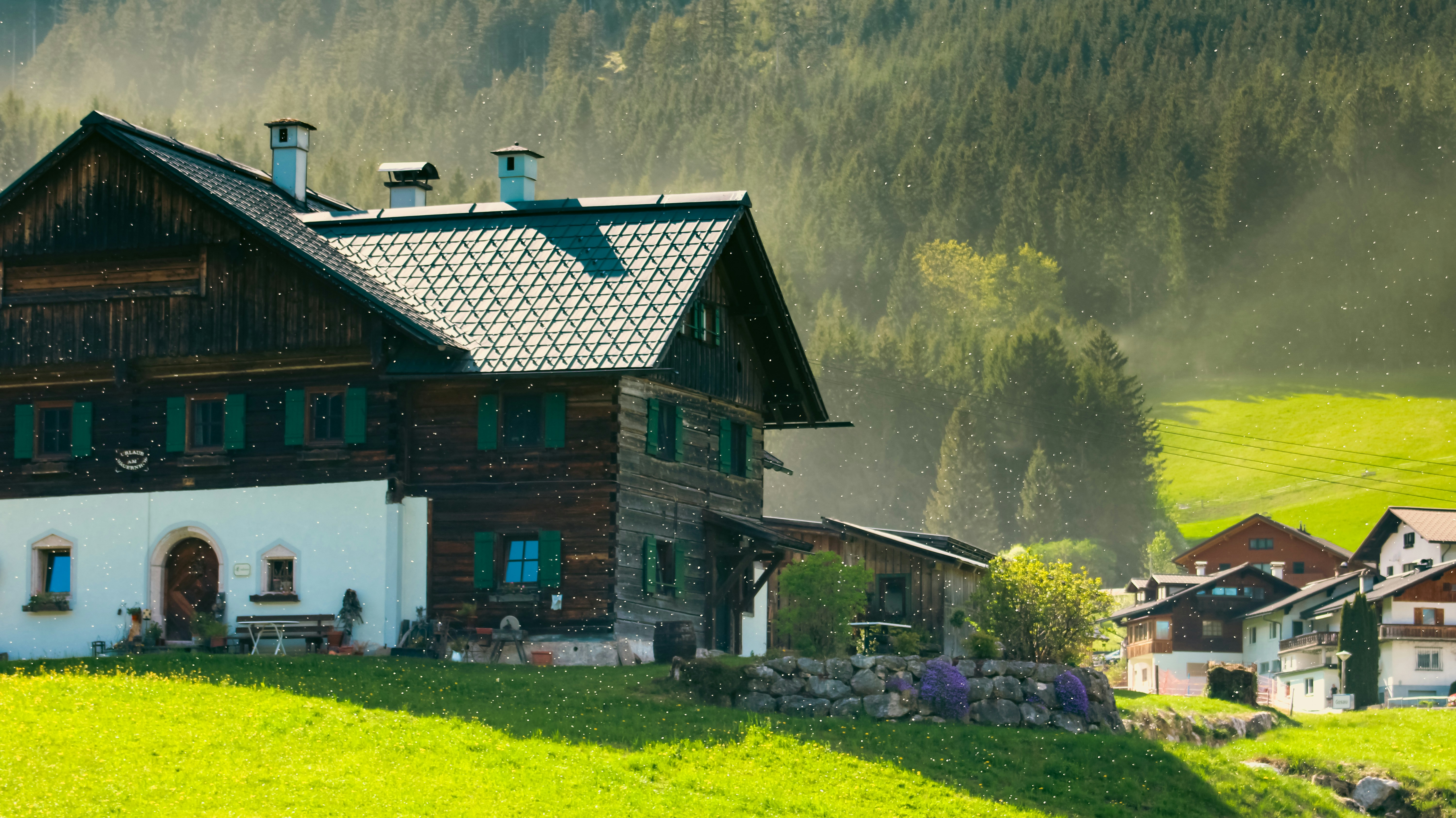 Sunny Alpine Lodge: A Wooden Chalet Nestled in Green Slopes