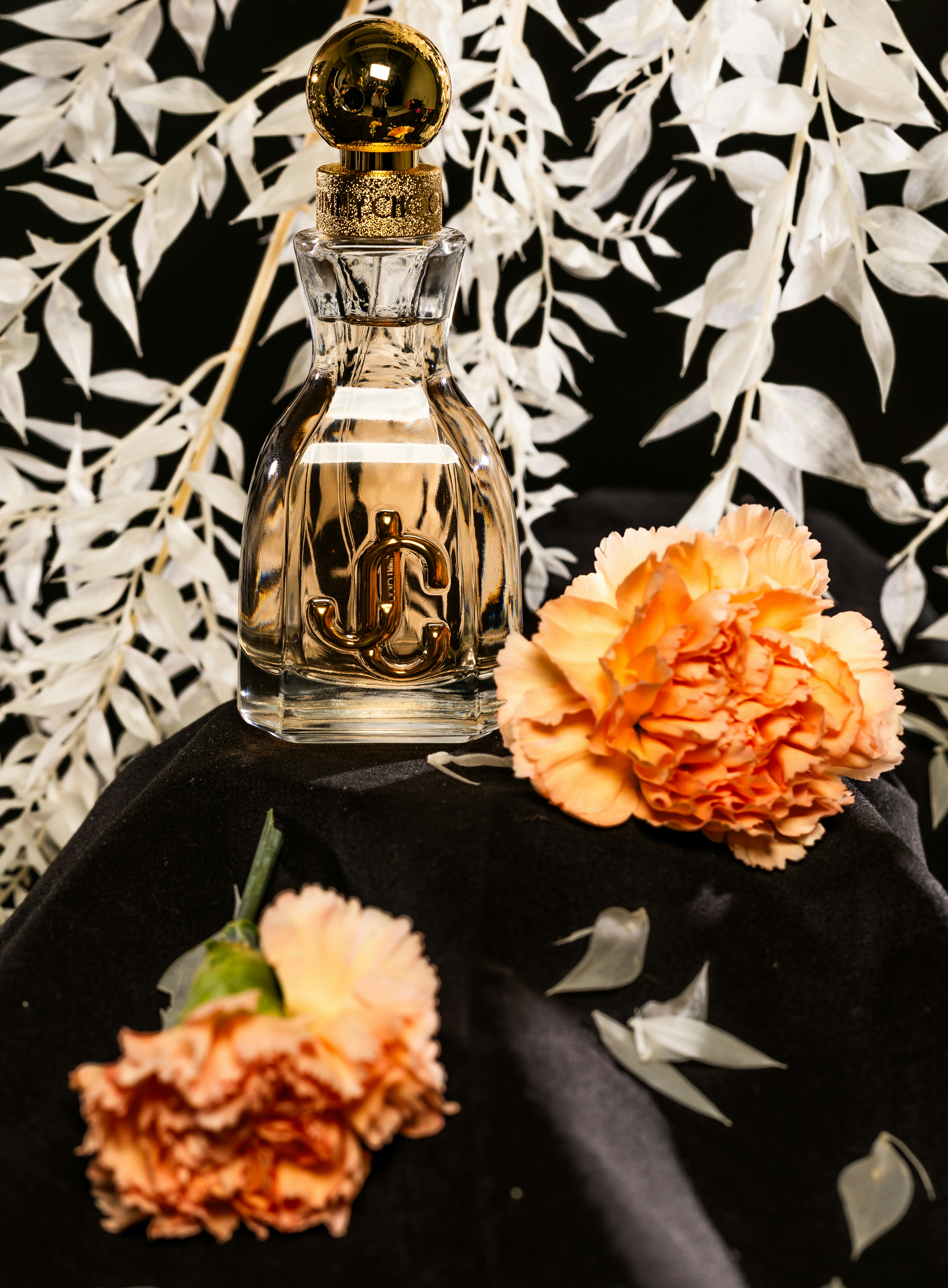Glass perfume bottle crowned by velvet shadows beside peach carnations