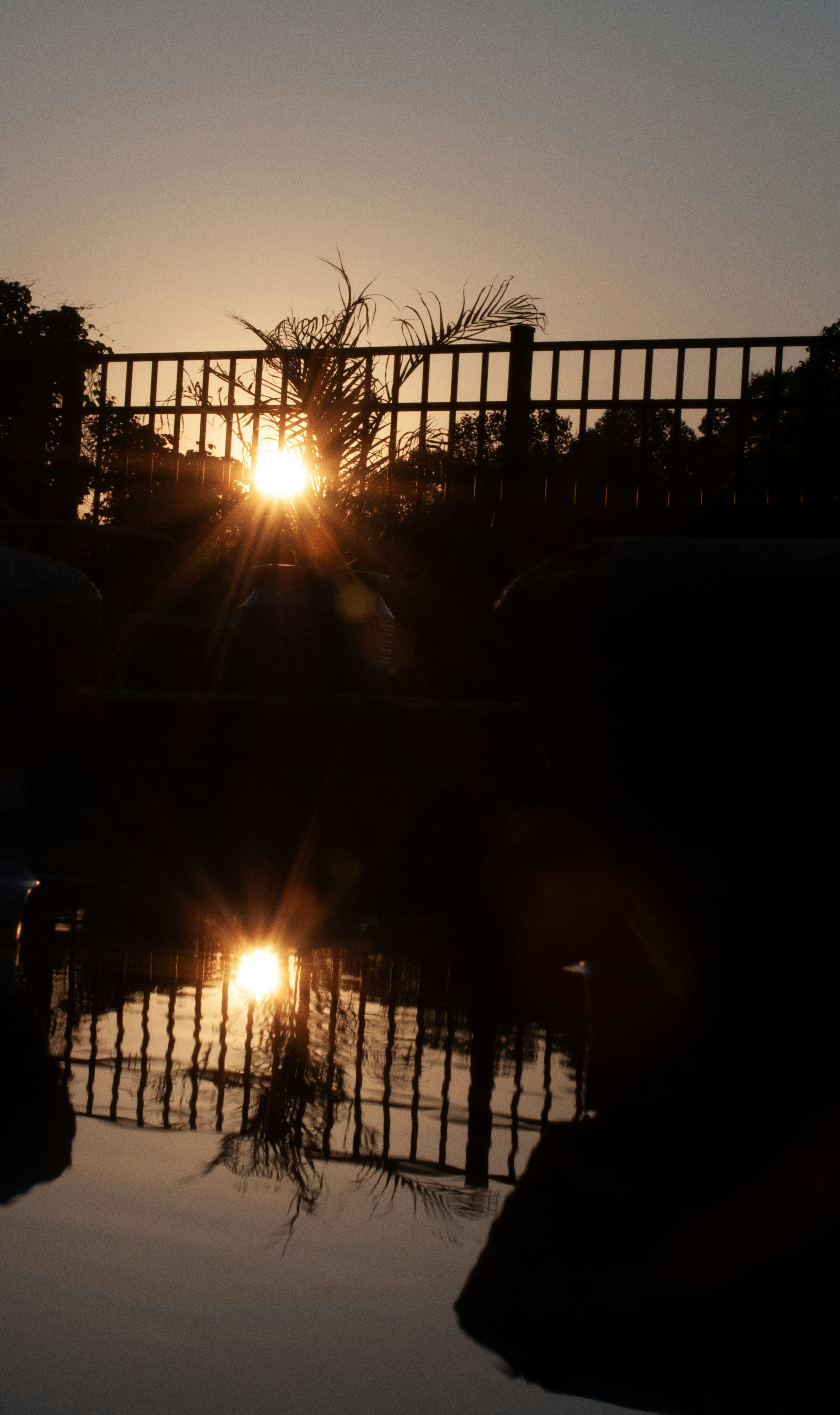 Sunlit silhouette over a railing with a mirrored pool