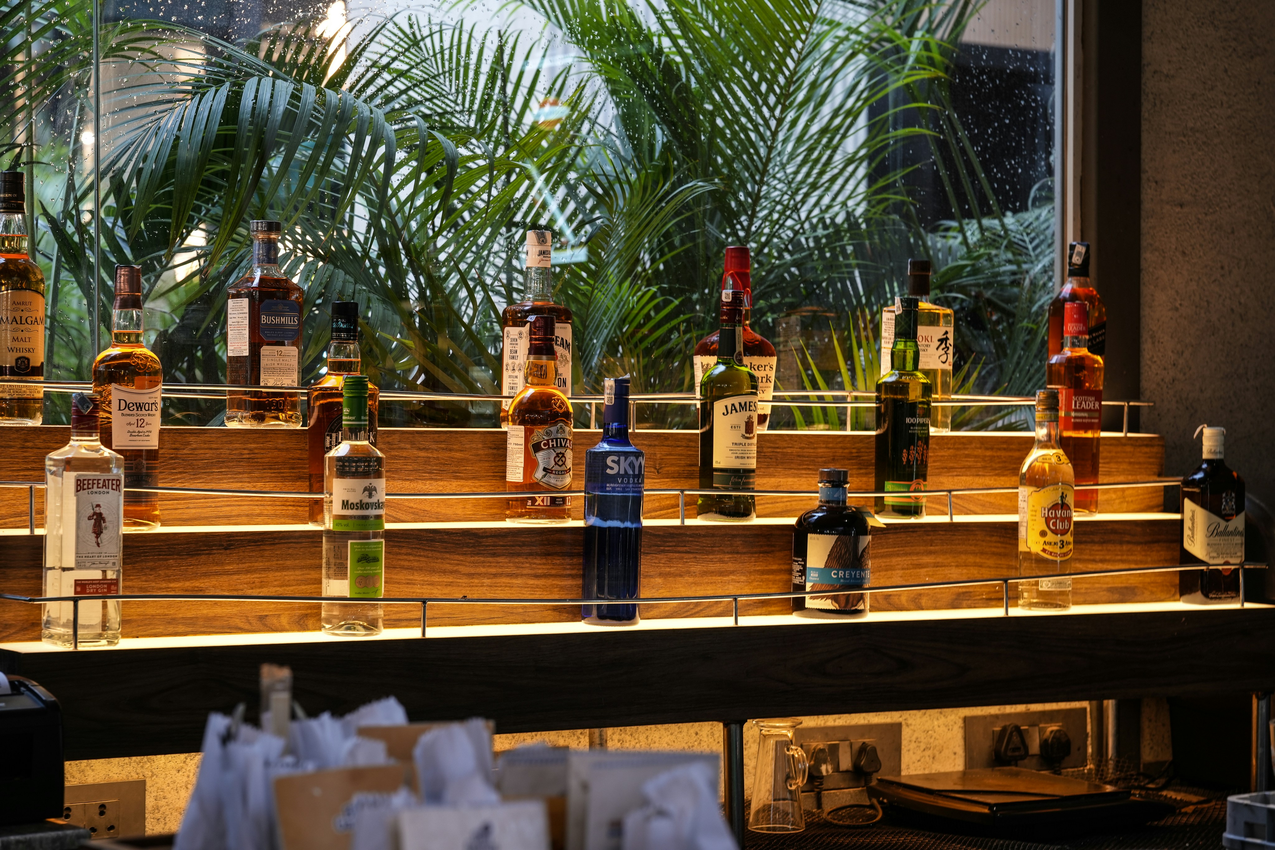 Neon-lit Bottles: A Quiet Liquor Shelf Against a Lush Window Grove