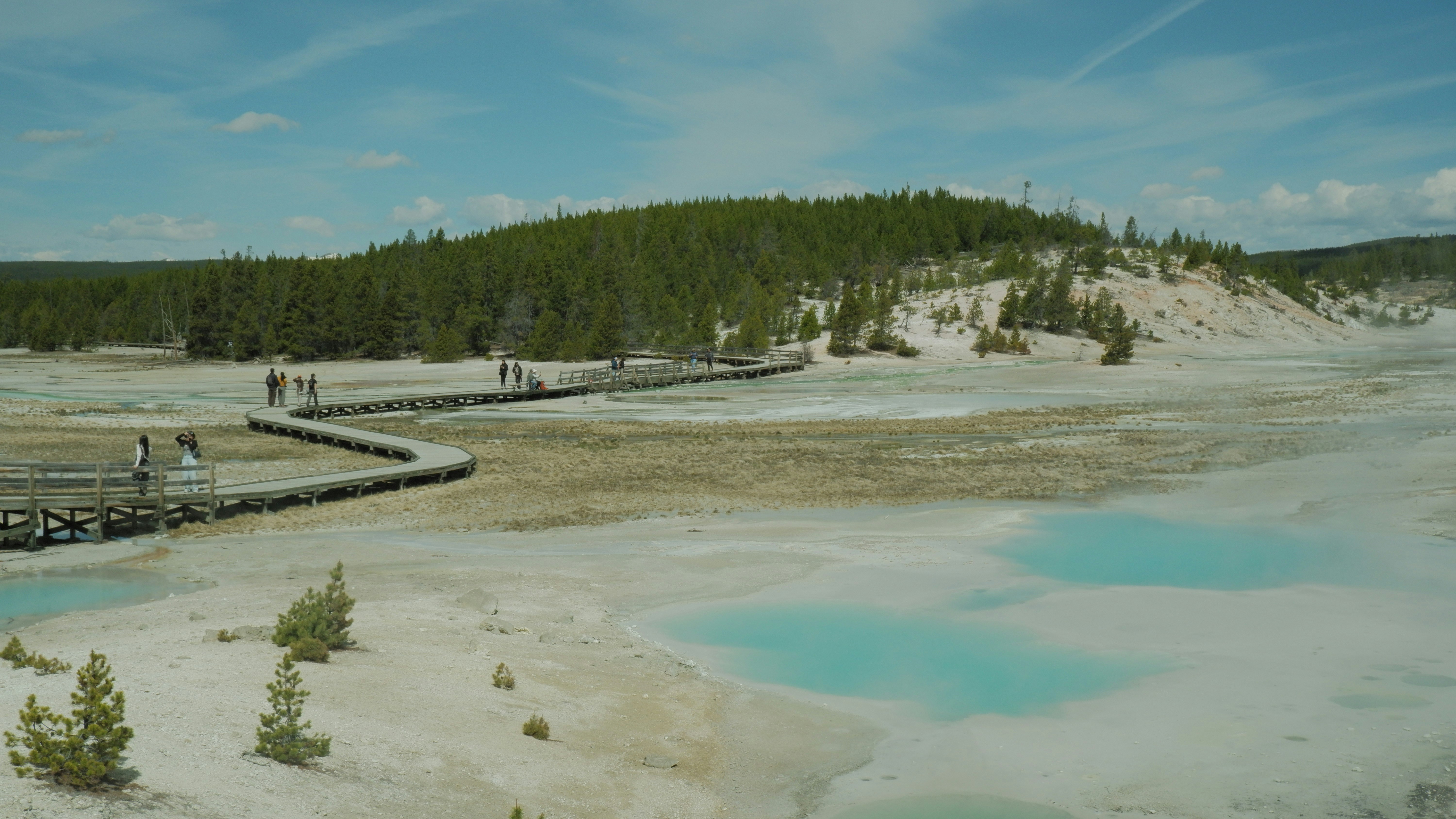 Turquoise Pools and Boardwalk Through a Deserted Geyser Basin