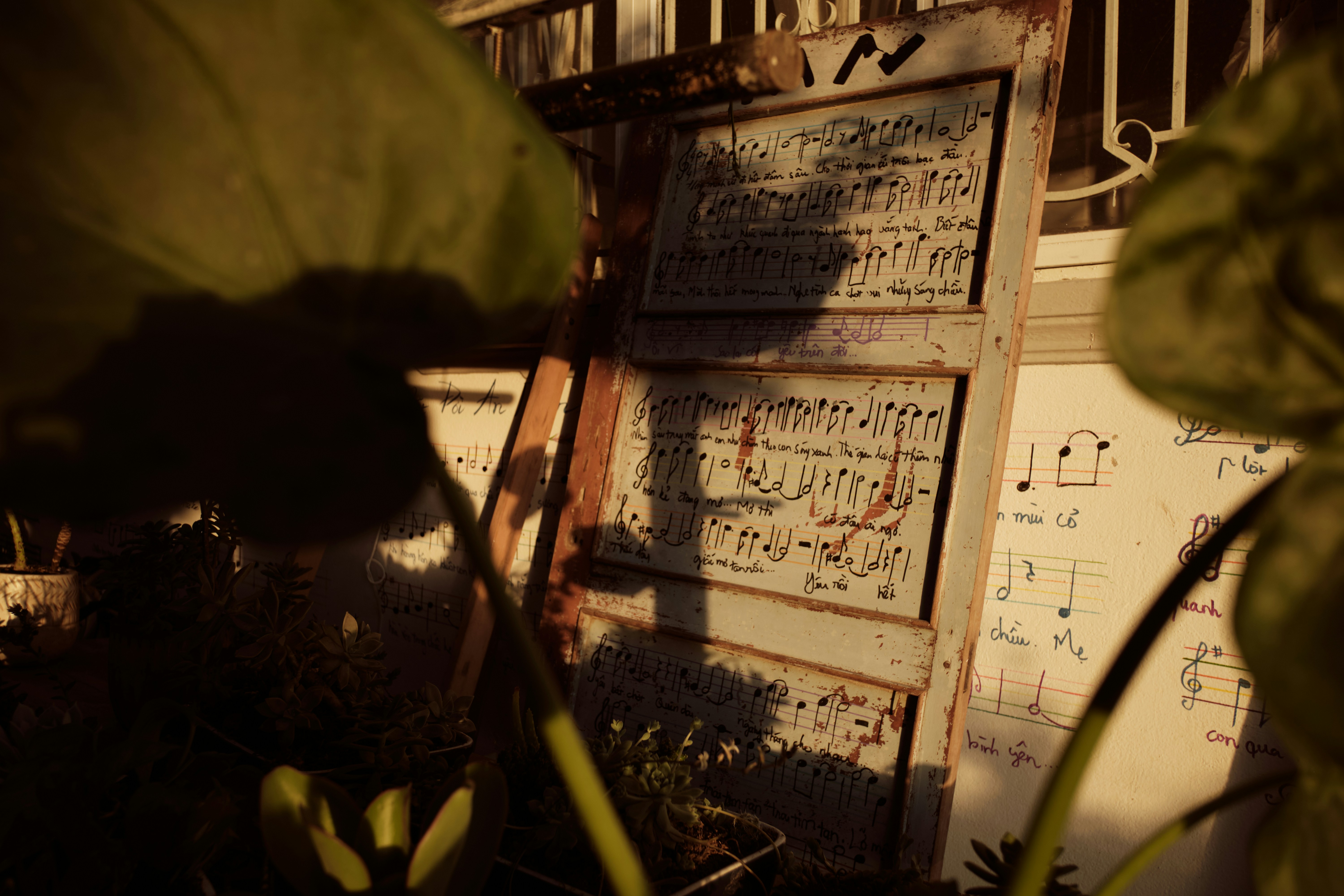 Resonant Scores: A Fragment of Old Music Sheets Framed by Greenery