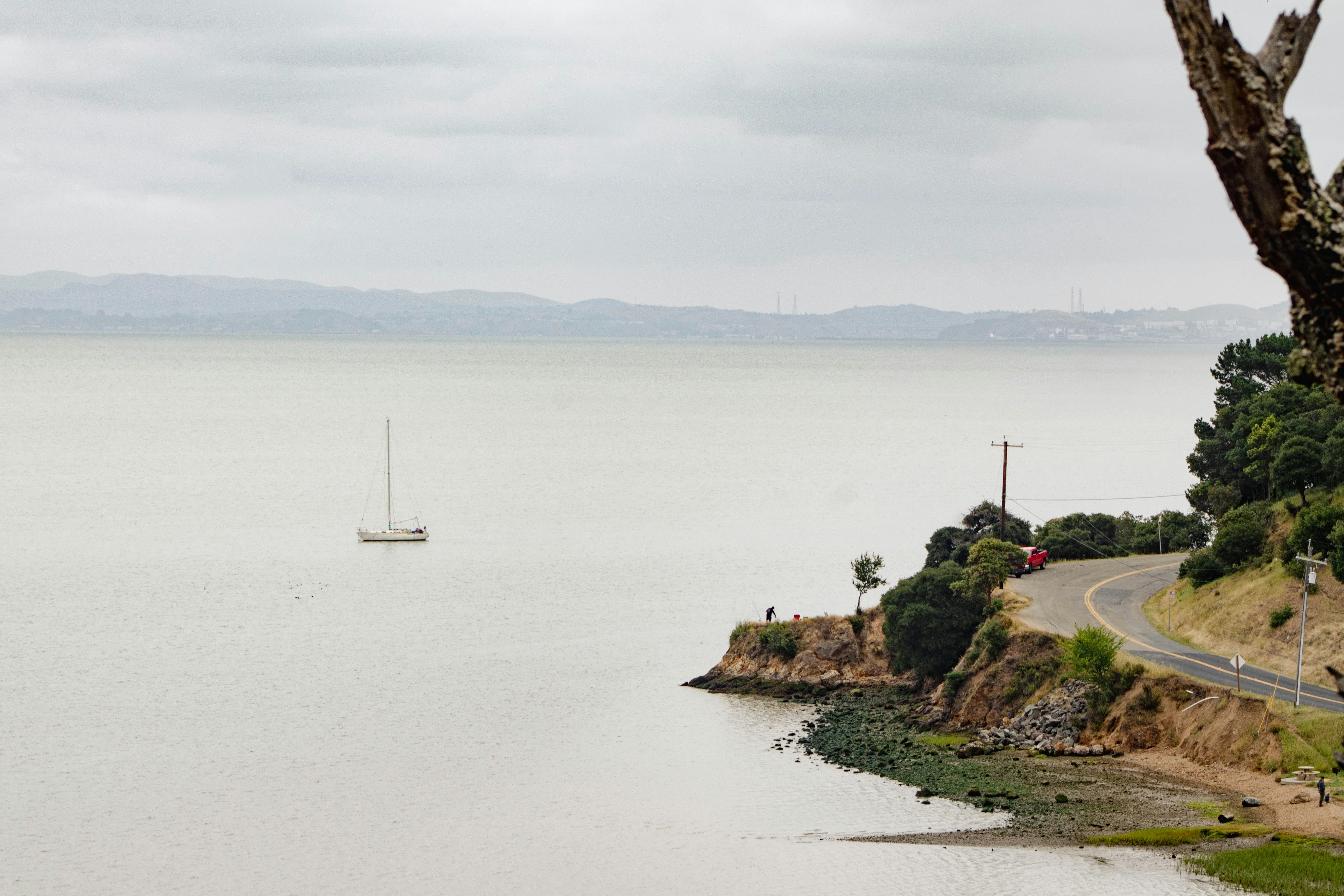 Coastal Curve: A Sailboat at Quiet Horizon