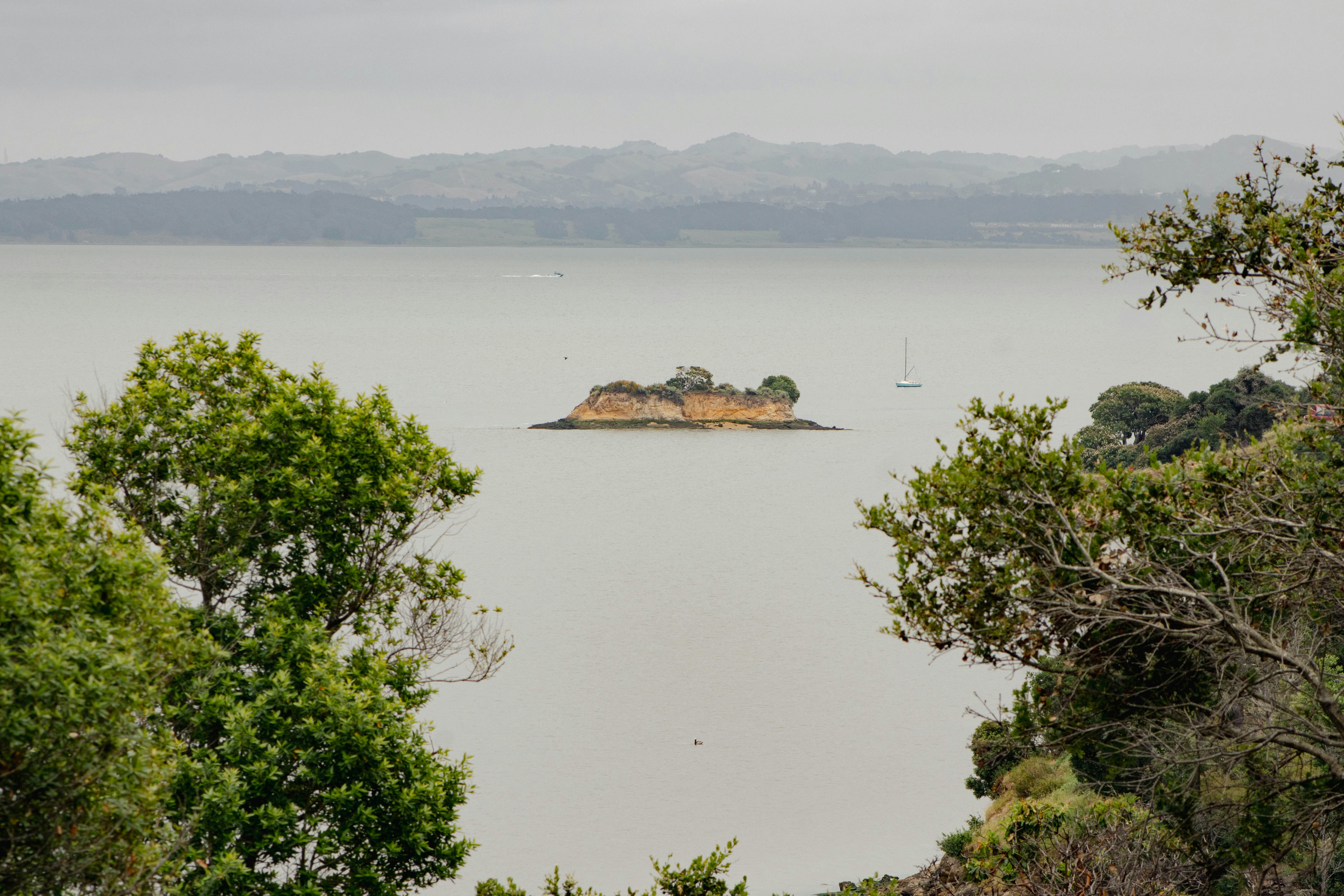 Isolated Island Amid Calm Waters Framed by Green Crest