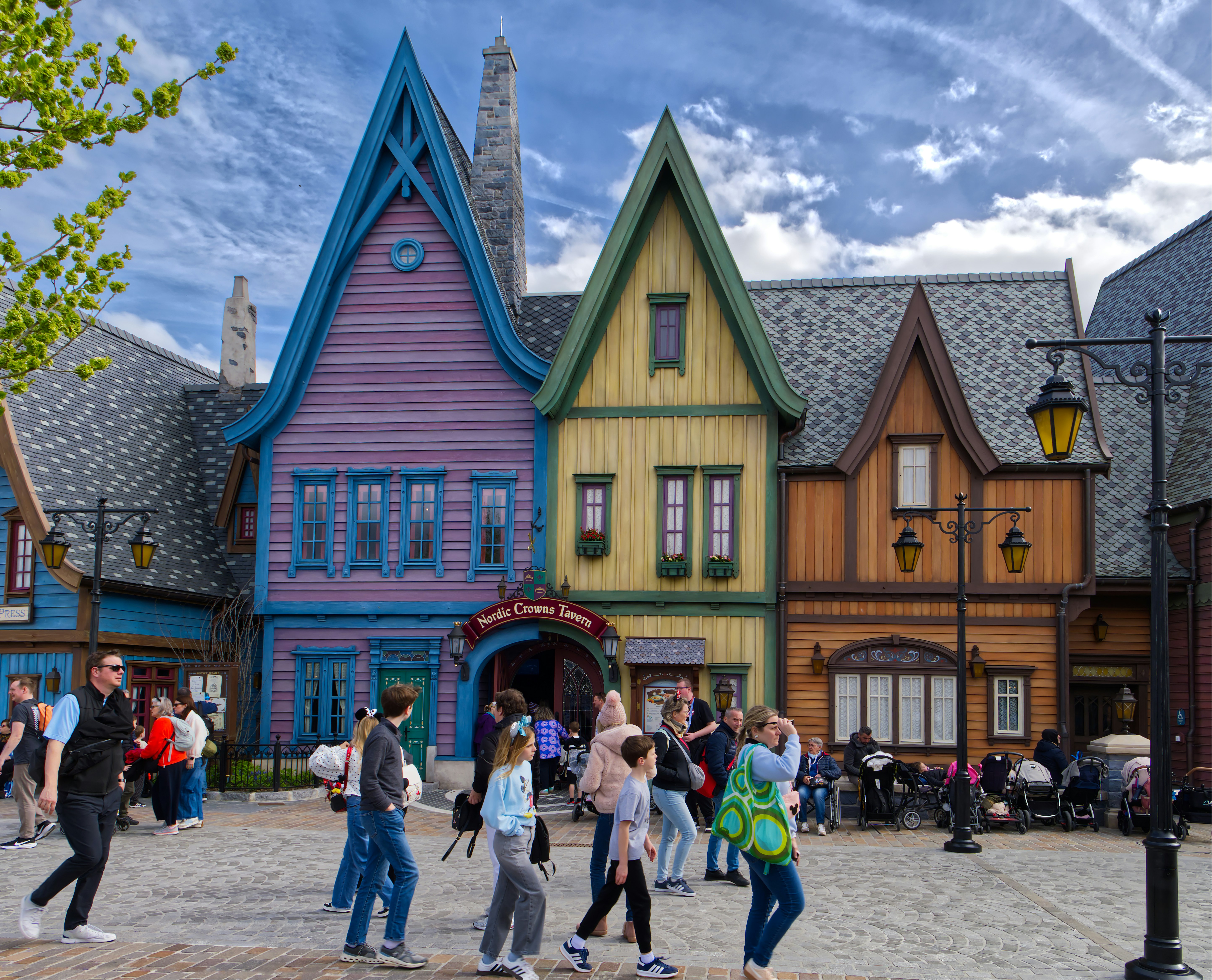 Colorful Village Facades and Busy Square