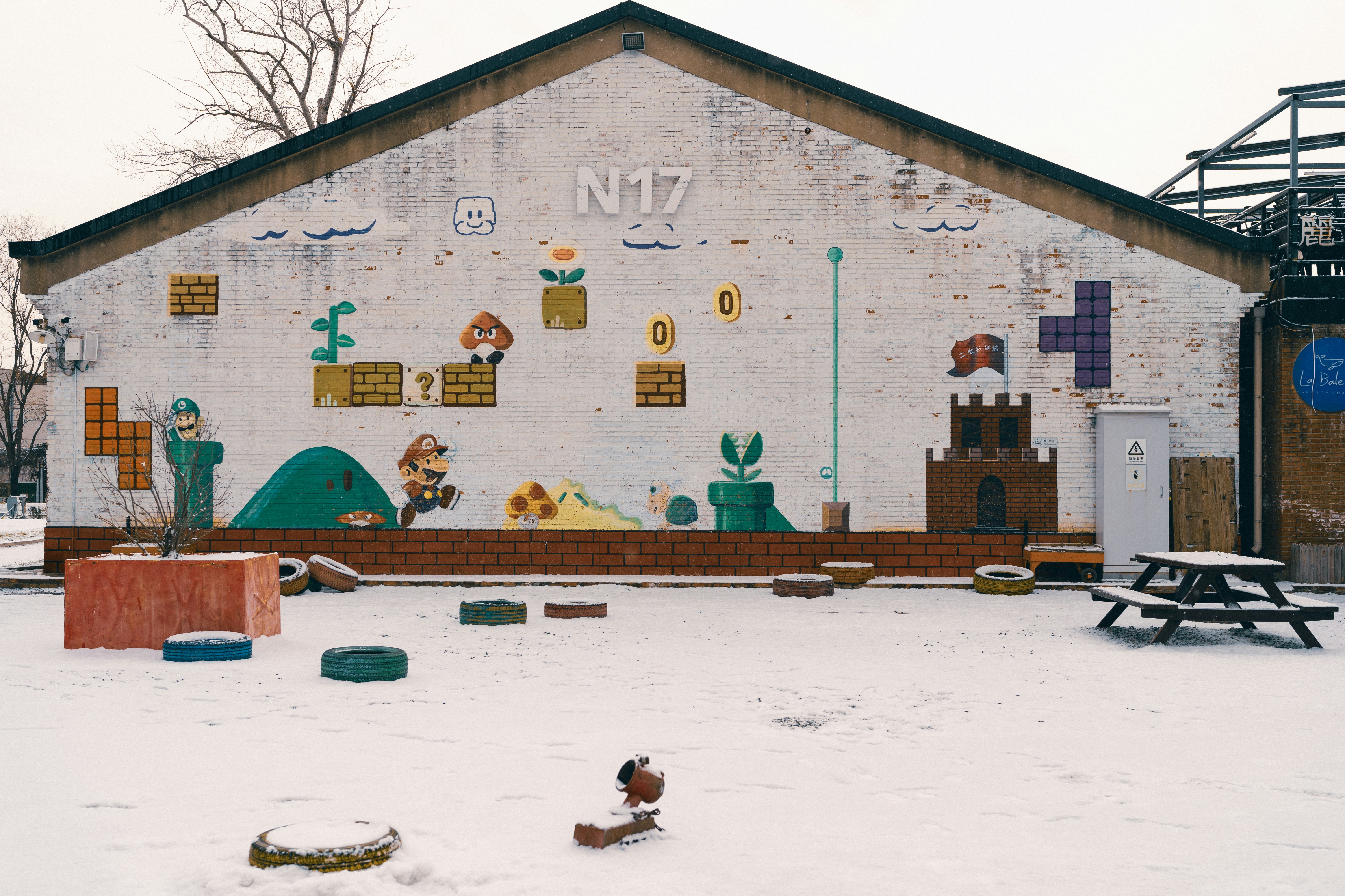 Snowy Playground mural: Mario-style world meets quiet winter