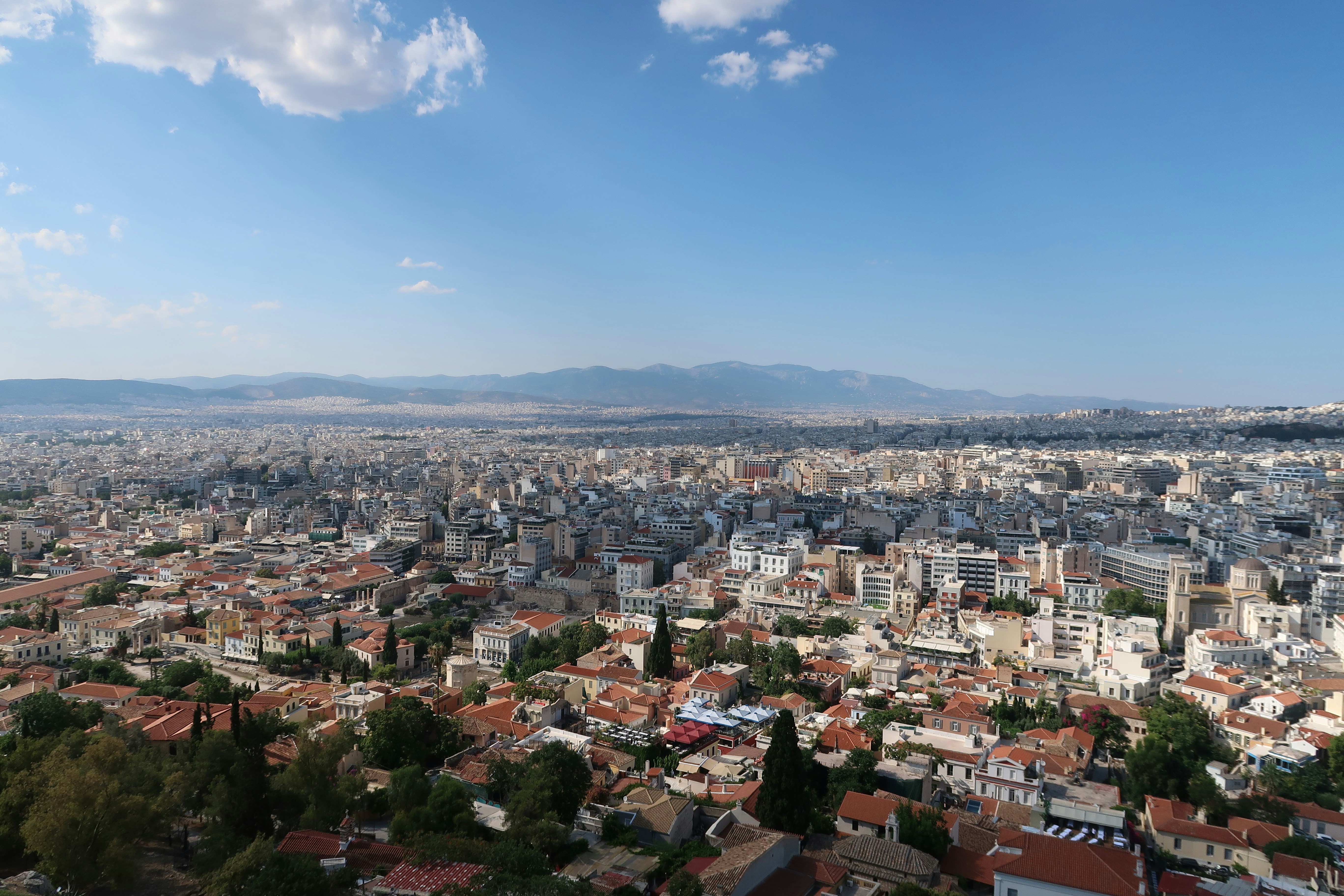 Low Sunlit Cityscape Beneath a Clear Sky