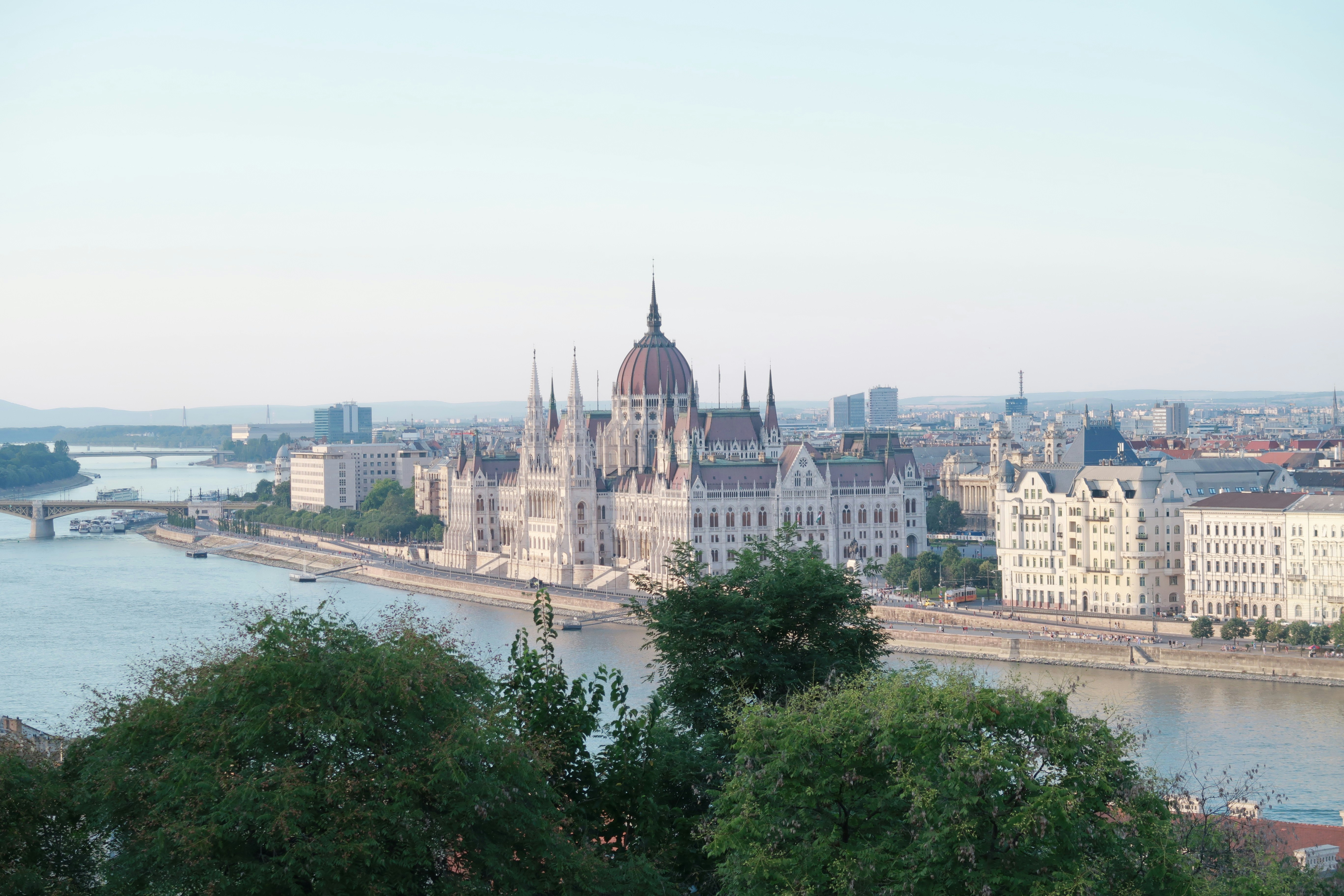 Parliament and Danube Panorama framed by foreground trees