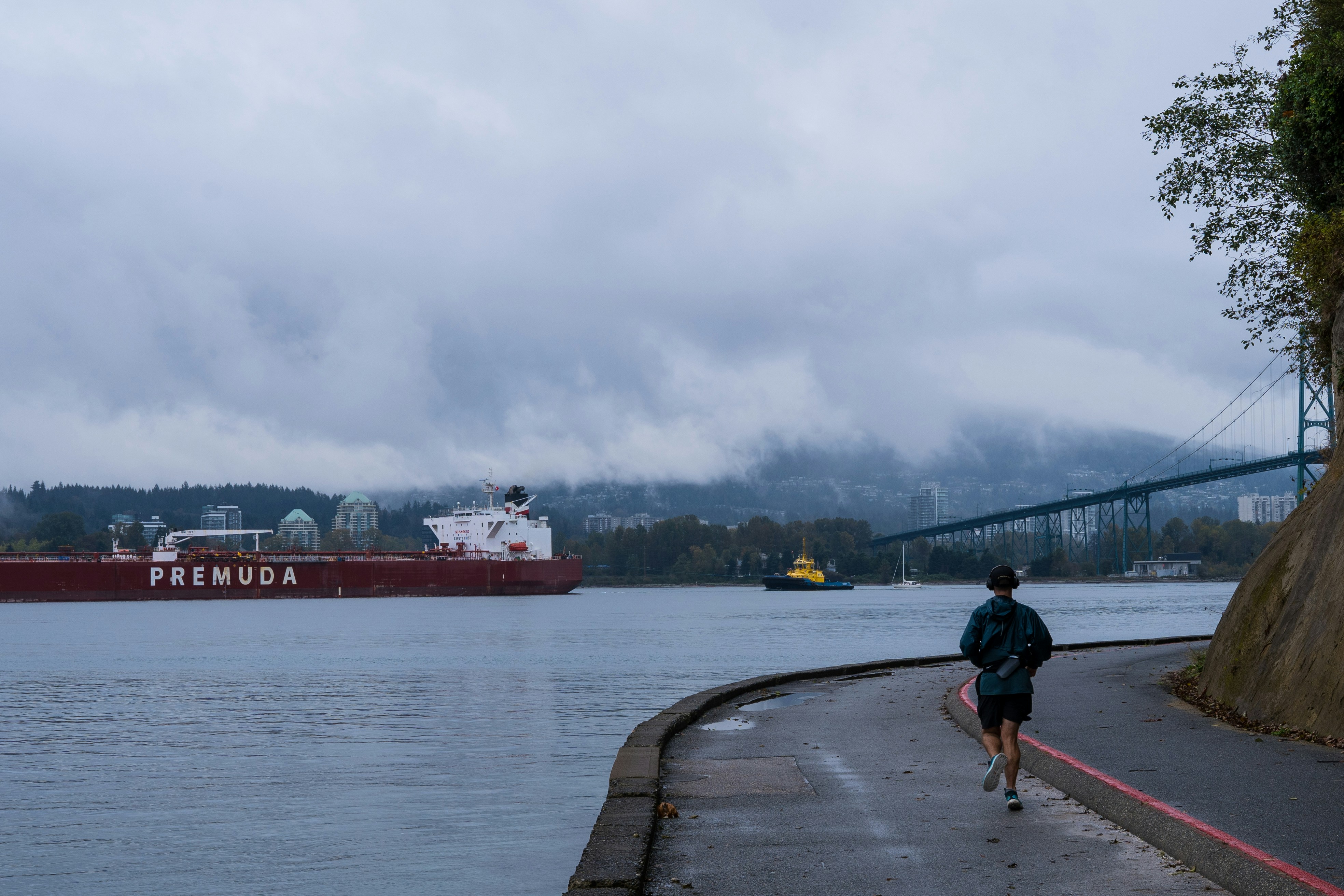Runner on the Coastal Path with a Container Ship and Bridge